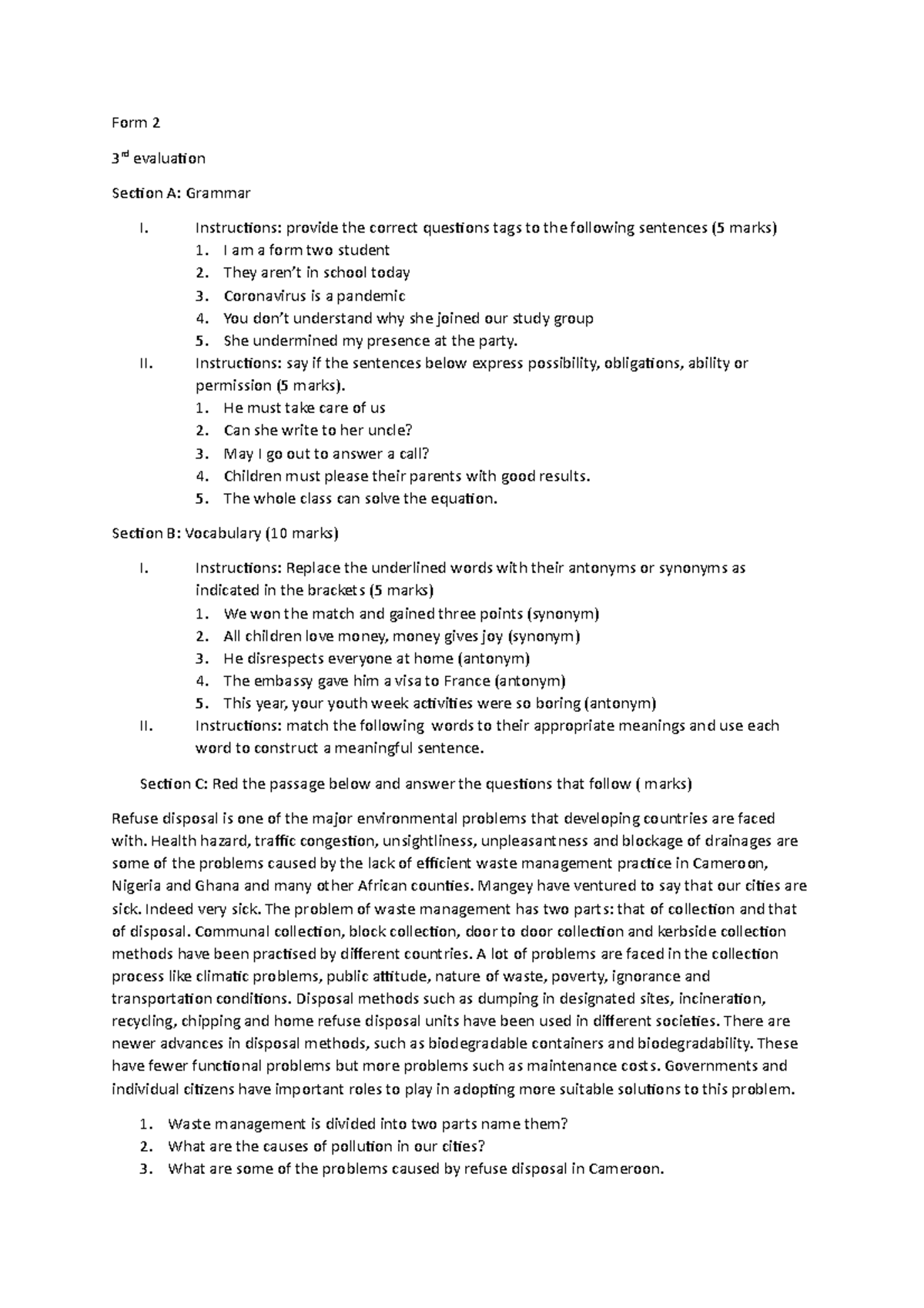 Form 2 English Language E3 - Form 2 3 rd evaluation Section A: Grammar ...