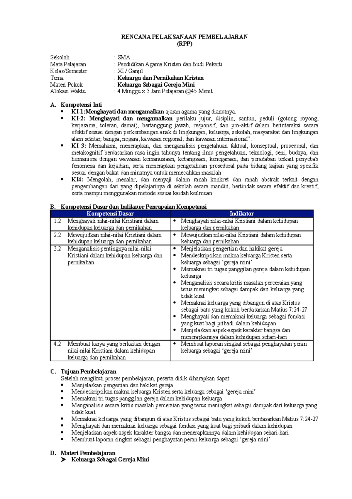 RPP 3 Keluarga Sebagai Gereja Mini - RENCANA PELAKSANAAN PEMBELAJARAN ...