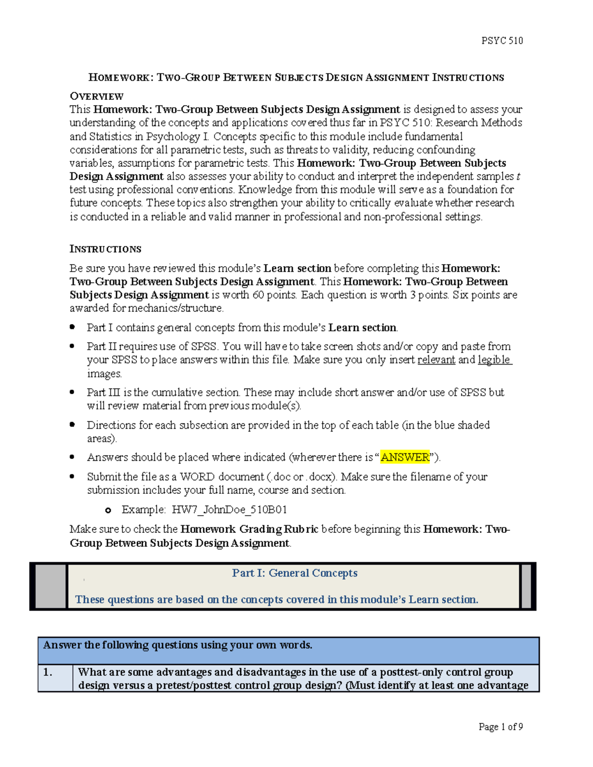 Homework TWO- Group Between Subjects Design Assignment - Concepts ...