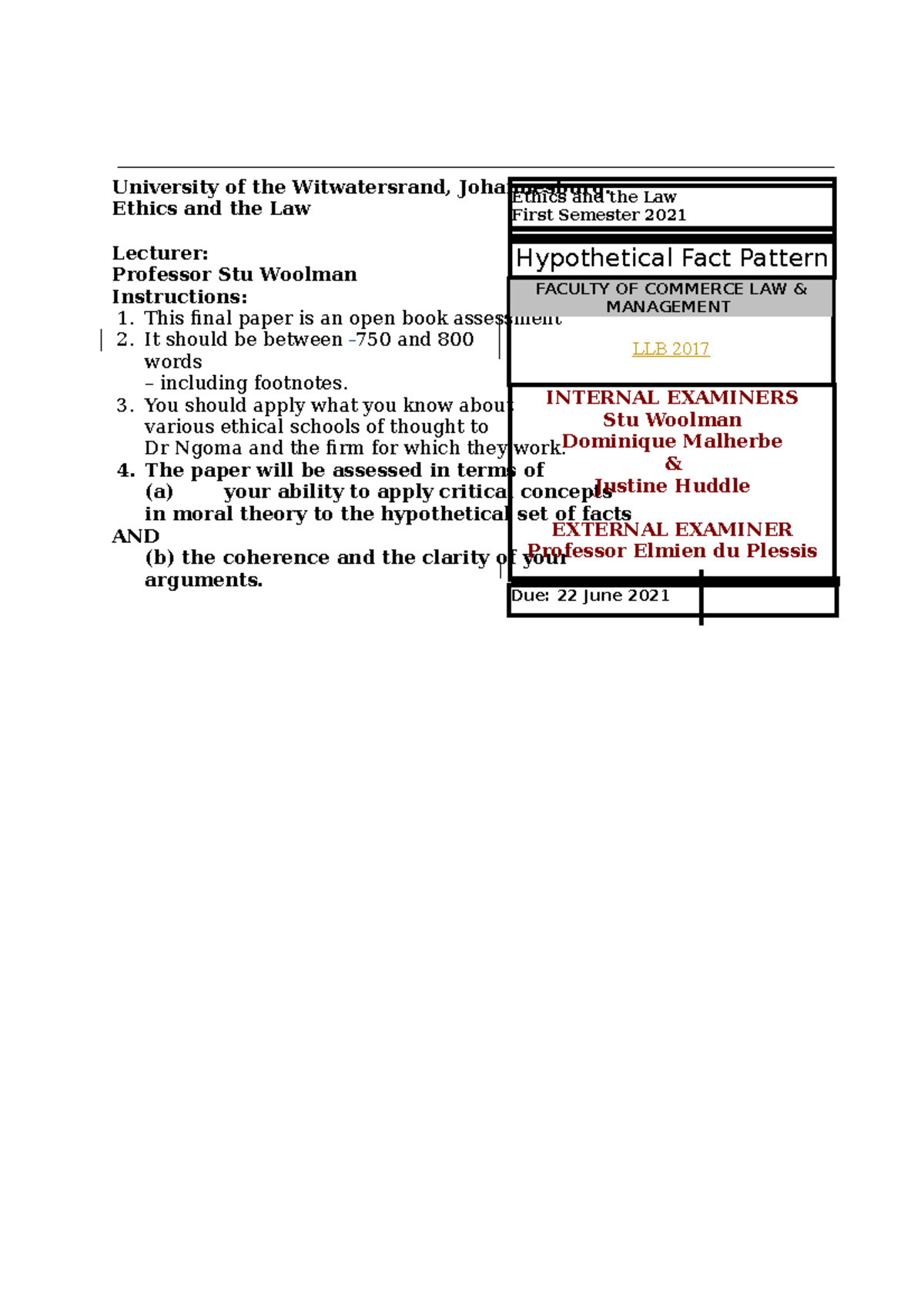 Final Version of Hypothetical for Ethics and the Law 2021 1 June 2021 ...