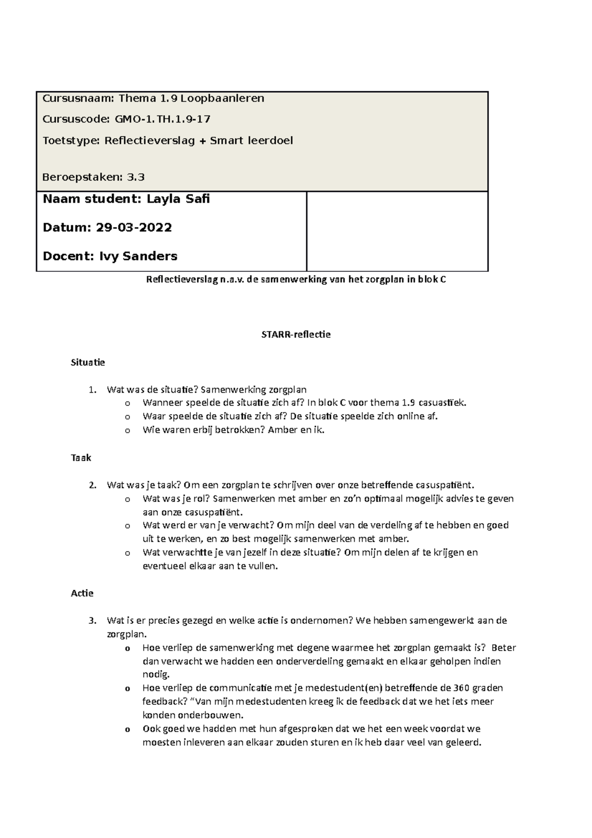 Reflectie c - Cursusnaam: Thema 1 Loopbaanleren Cursuscode: GMO-1.TH.1 ...