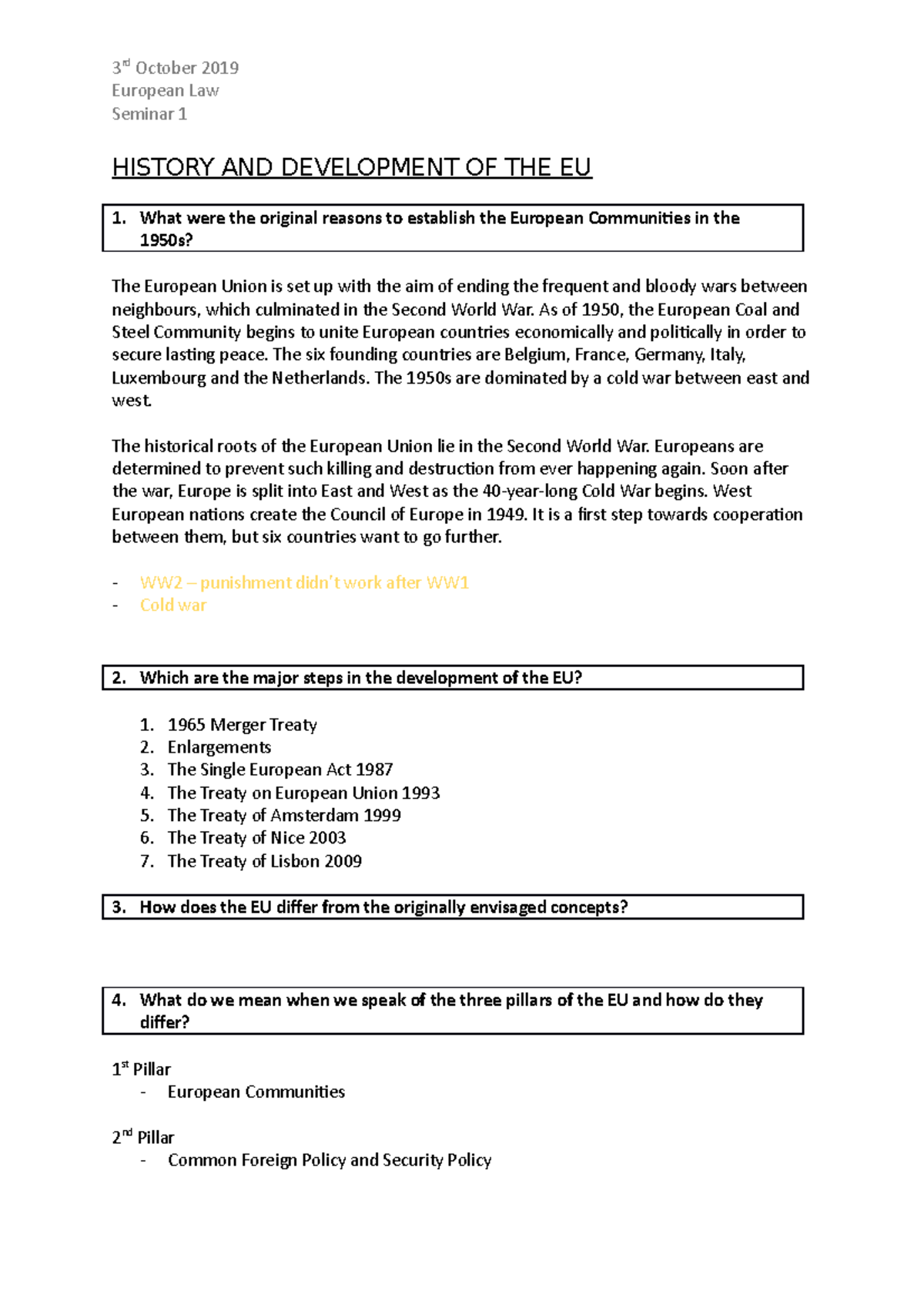 S1 EU History - European Law Seminar 1 HISTORY AND DEVELOPMENT OF THE ...