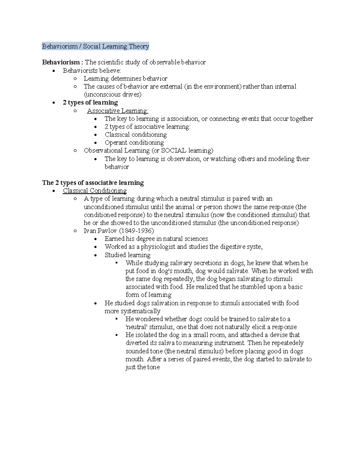 Behaviorism social learning theory notes - Behaviorism / Social ...