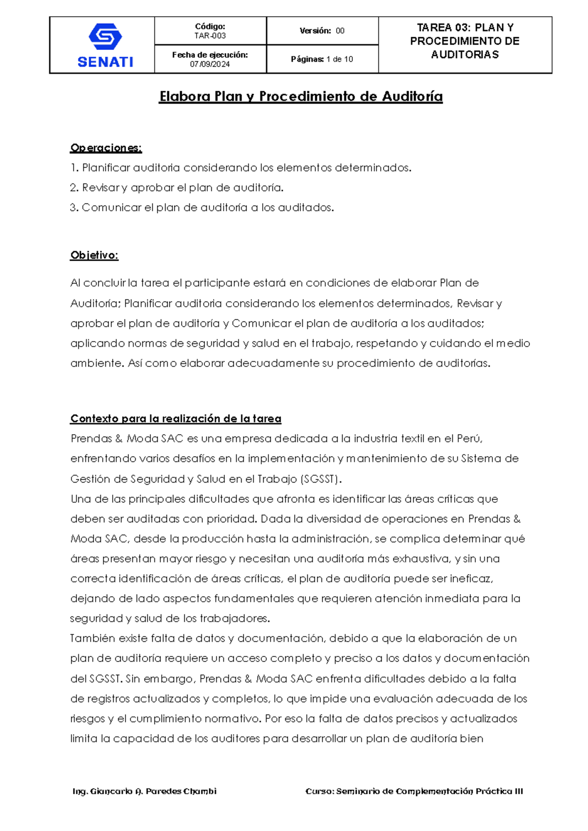 TAR03 PLAN Proced Scpiii - ####### TAR- 003 Versión: 00 TAREA 0 3 : PLAN Y PROCEDIMIENTO DE ...