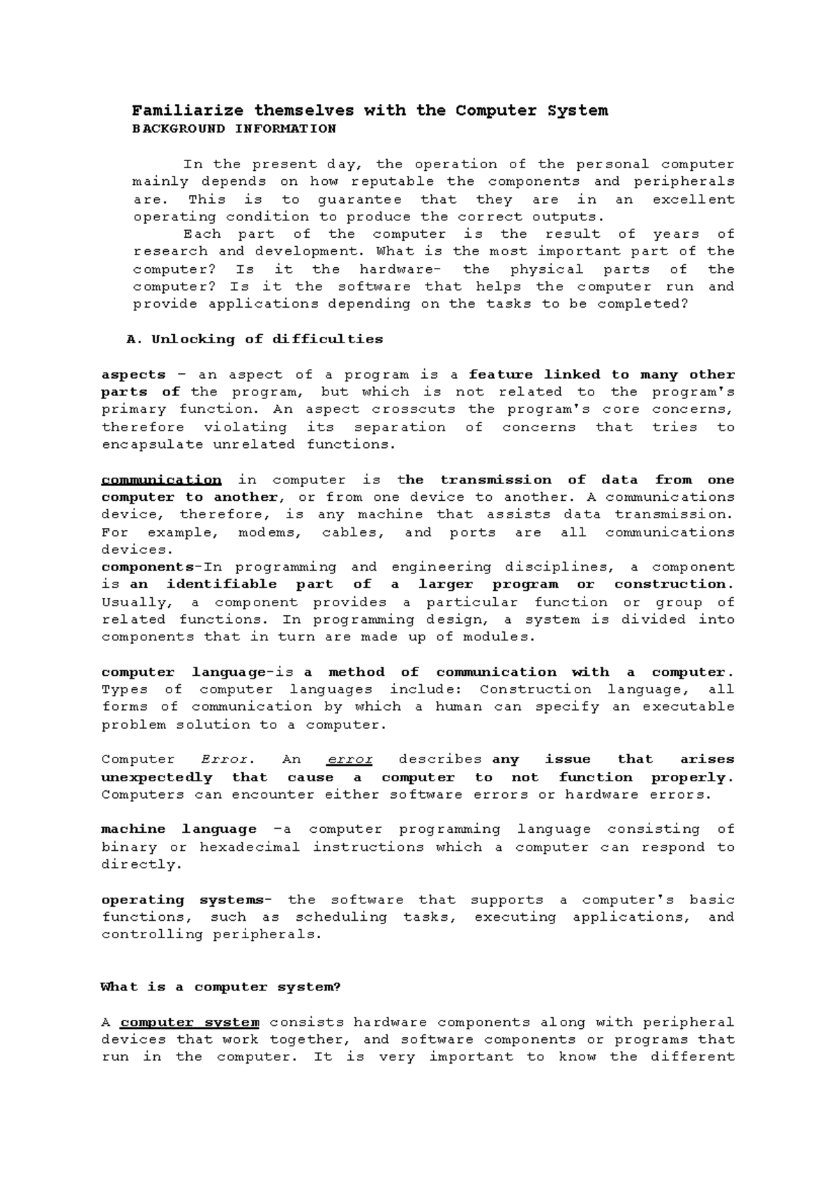 Icf 7 - Familiarize themselves with the Computer System BACKGROUND ...