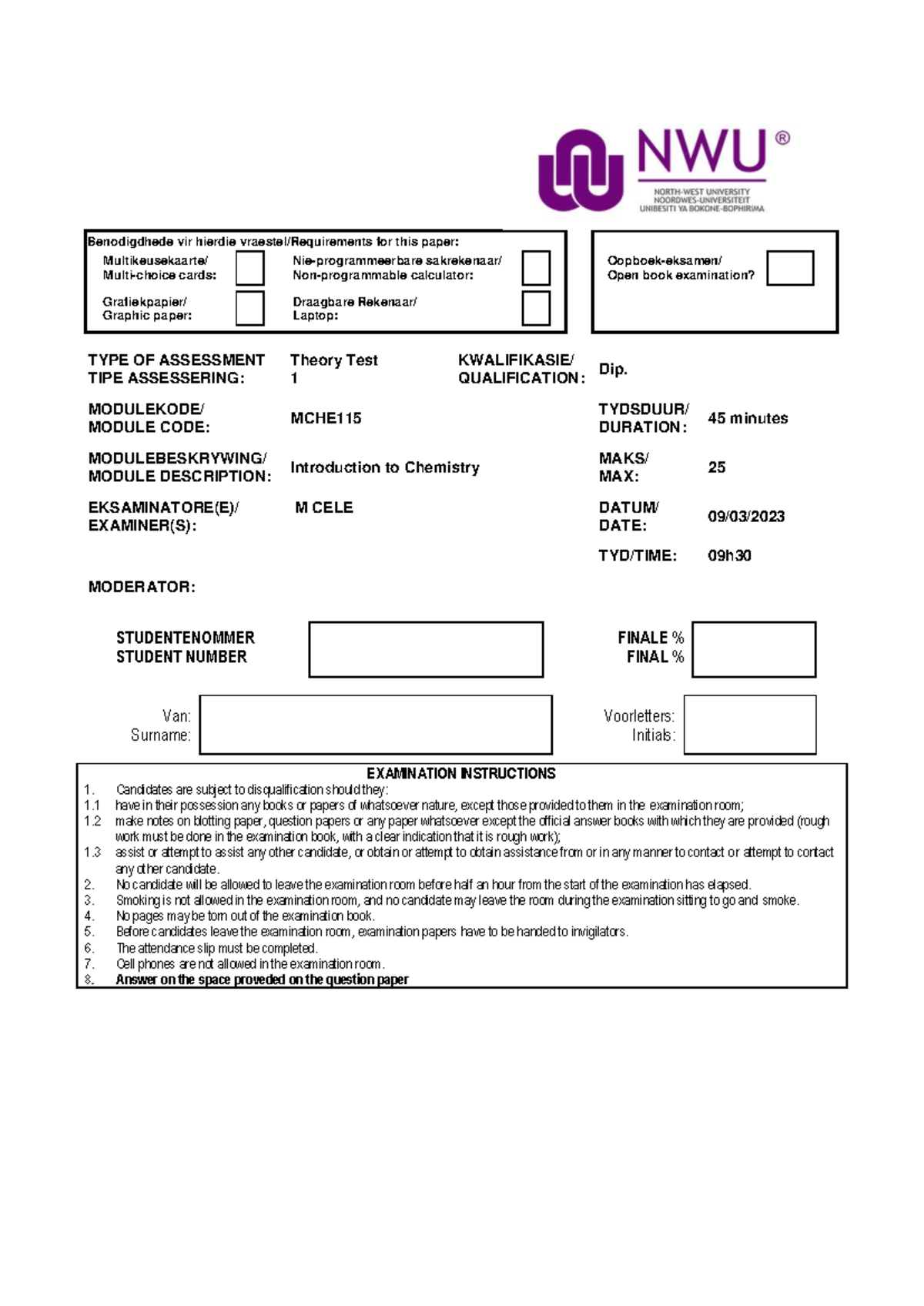 MCHE115 Theory Test one Memo paper - Benodigdhede vir hierdie vraestel ...