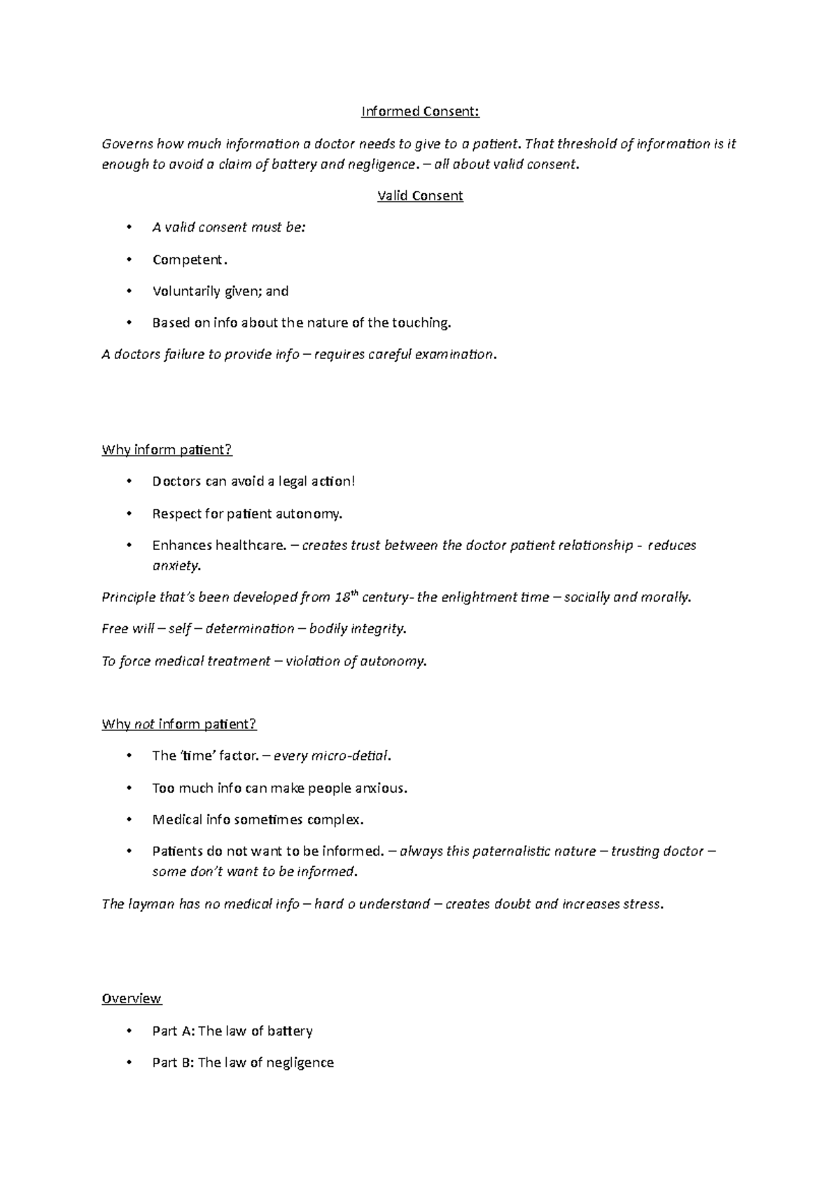 Medical Law - Valid Consent - Lecture Notes (FULL) - Informed Consent ...