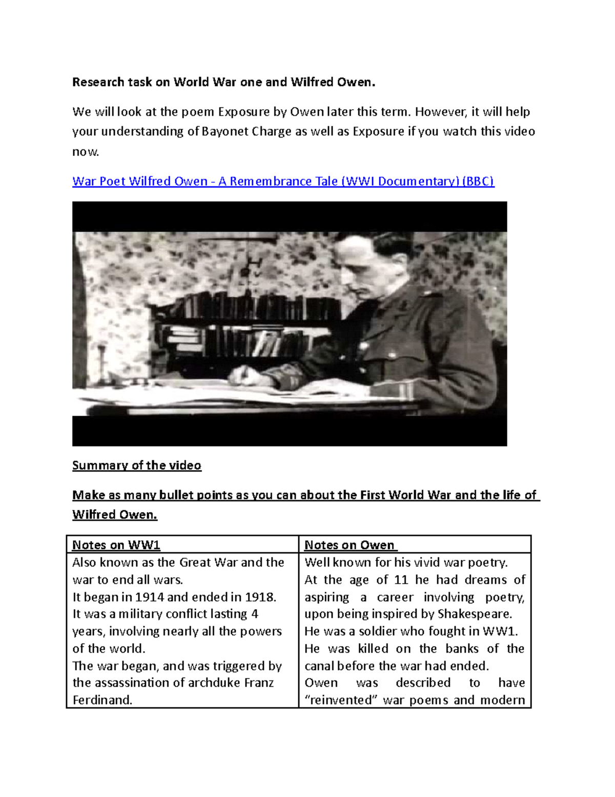 Research task on World War one and Wilfred Owen - We will look at the ...