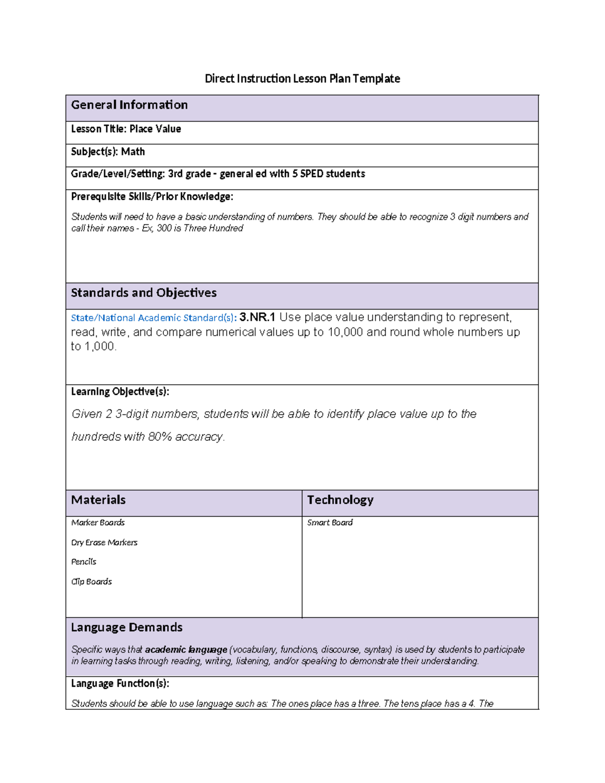 Task 3 Lesson Plan 1 - Direct Instruction Lesson Plan Template General ...
