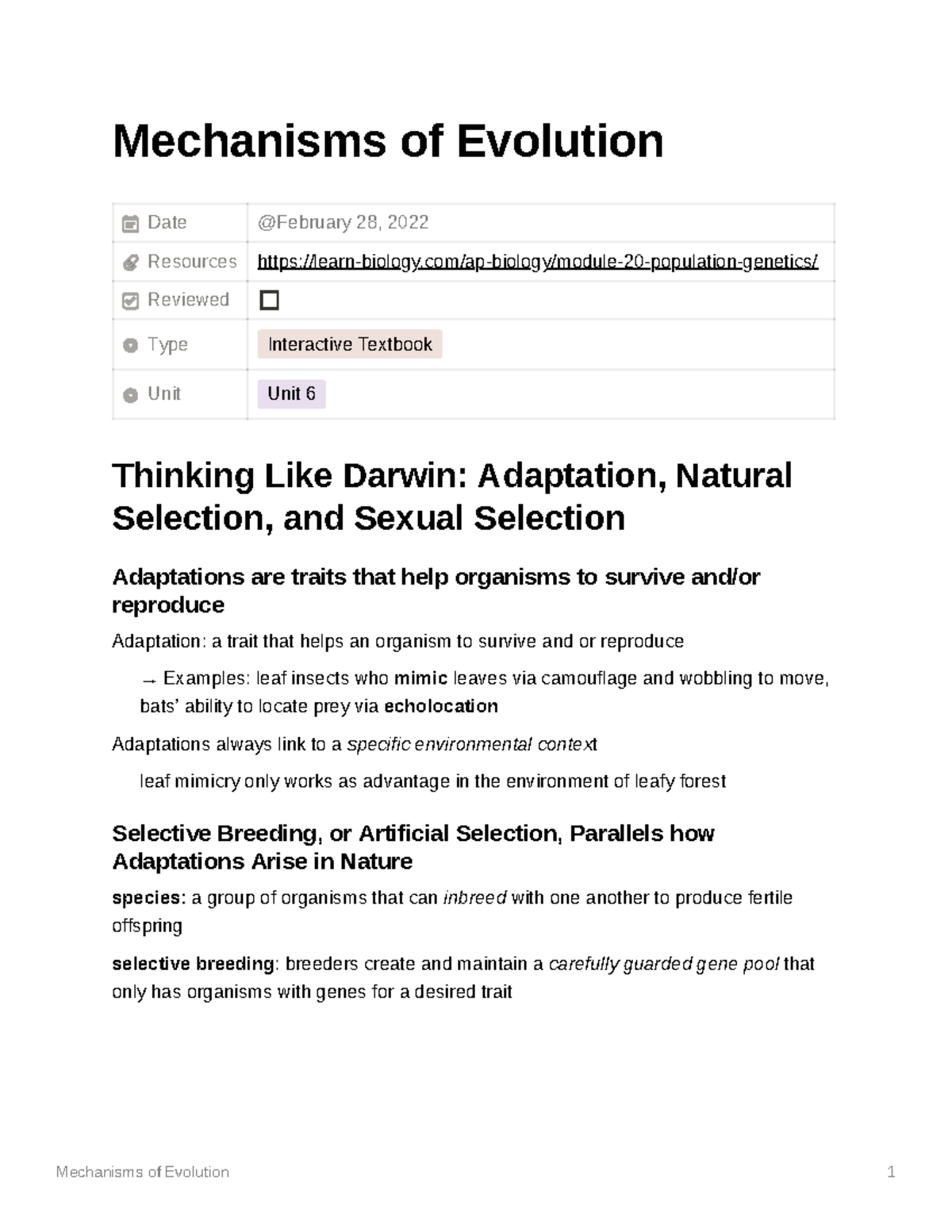 Mechanisms of Evolution - Mechanisms of Evolution Date Resources - Studocu