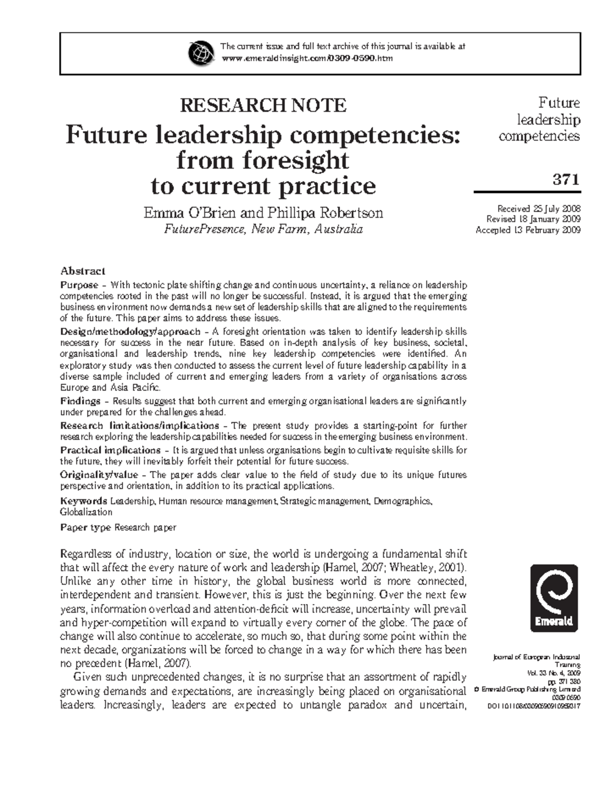 Future leadership competencies - from foresight to current practice ...