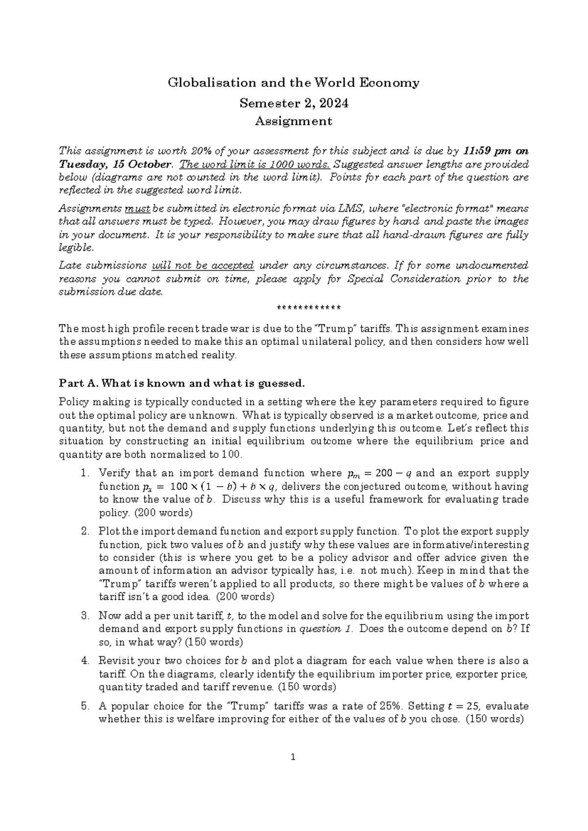 GWE Assignment 2024 - 1 Globalisation and the World Economy Semester 2, 202 4 Assignment This ...