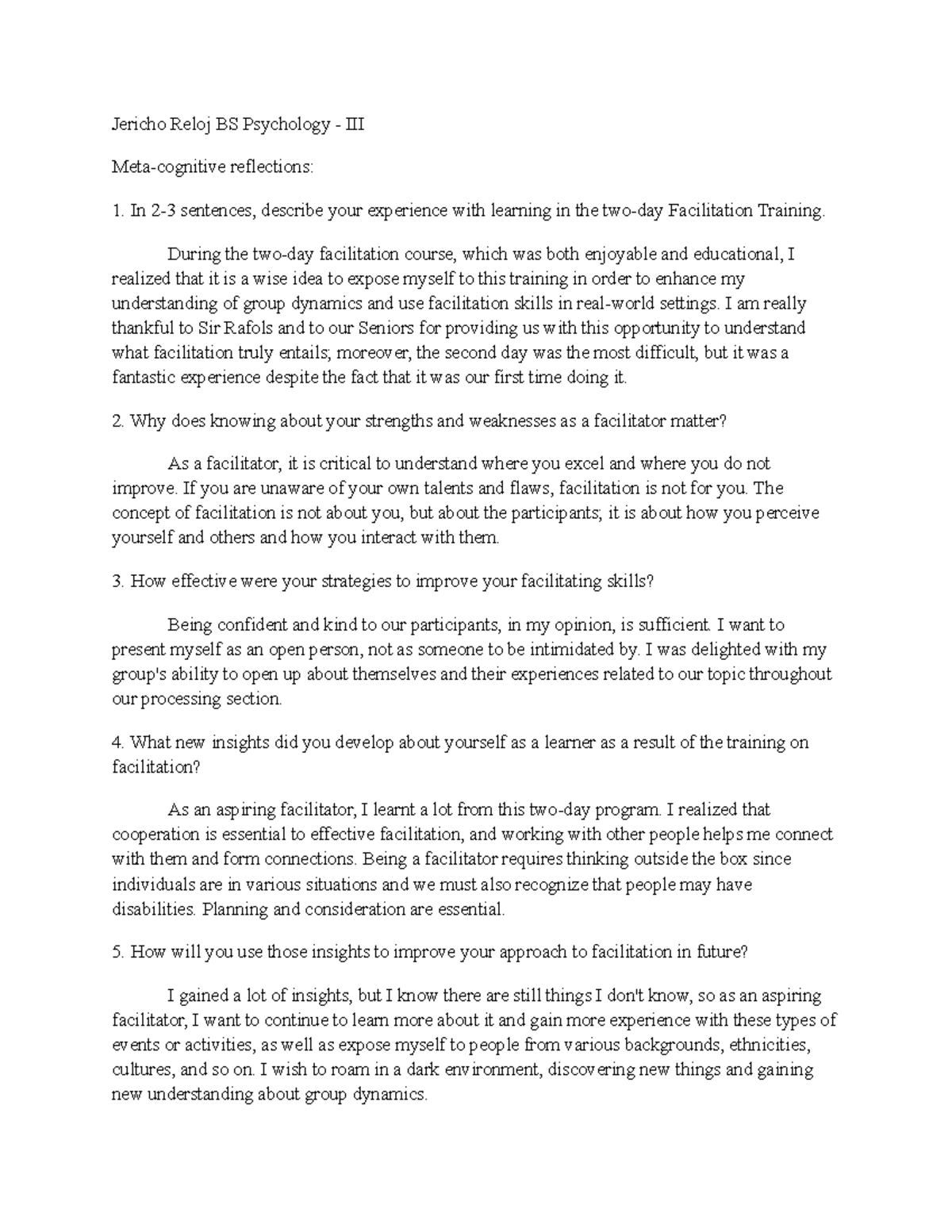 Facilitation - notes - Jericho Reloj BS Psychology - III Meta-cognitive ...