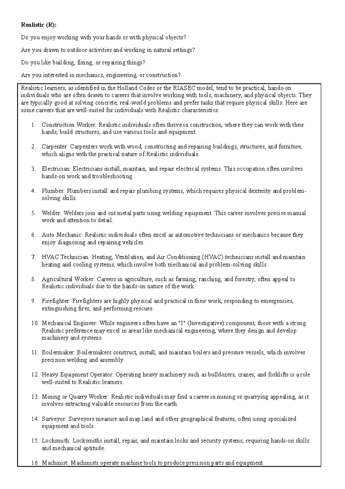 Riasec full doc - demo - Realistic (R): Do you enjoy working with your ...