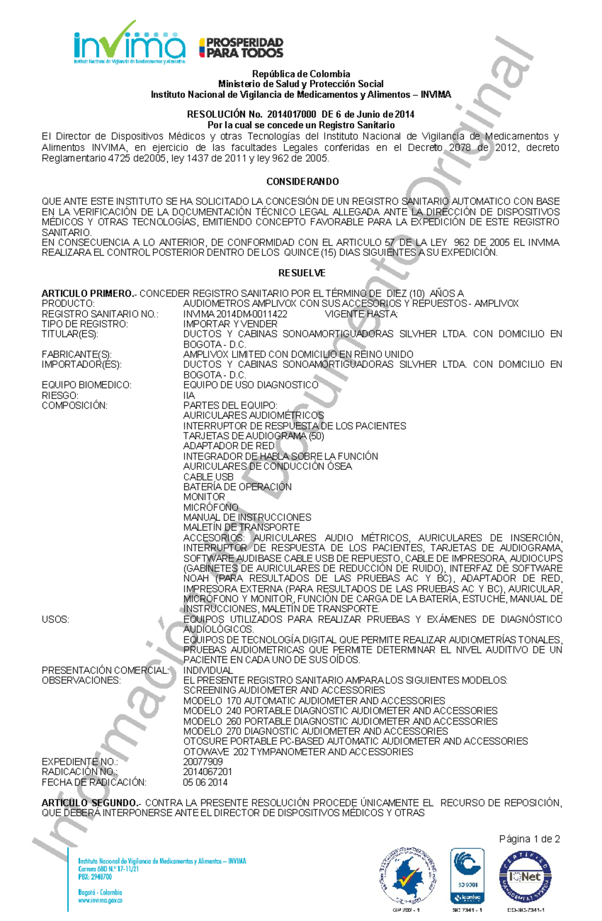 2. Invima Amplivox - Información del Documento Original República de ...