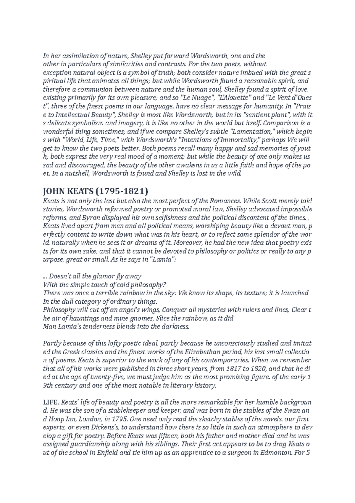 English Literature 46 - In her assimilation of nature, Shelley put ...