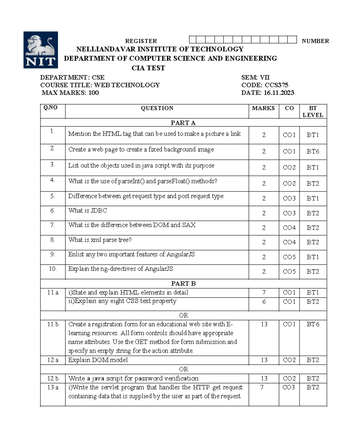 Web technology qp - UNIT 1 &2 QUESTION - REGISTER NUMBER NELLIANDAVAR ...
