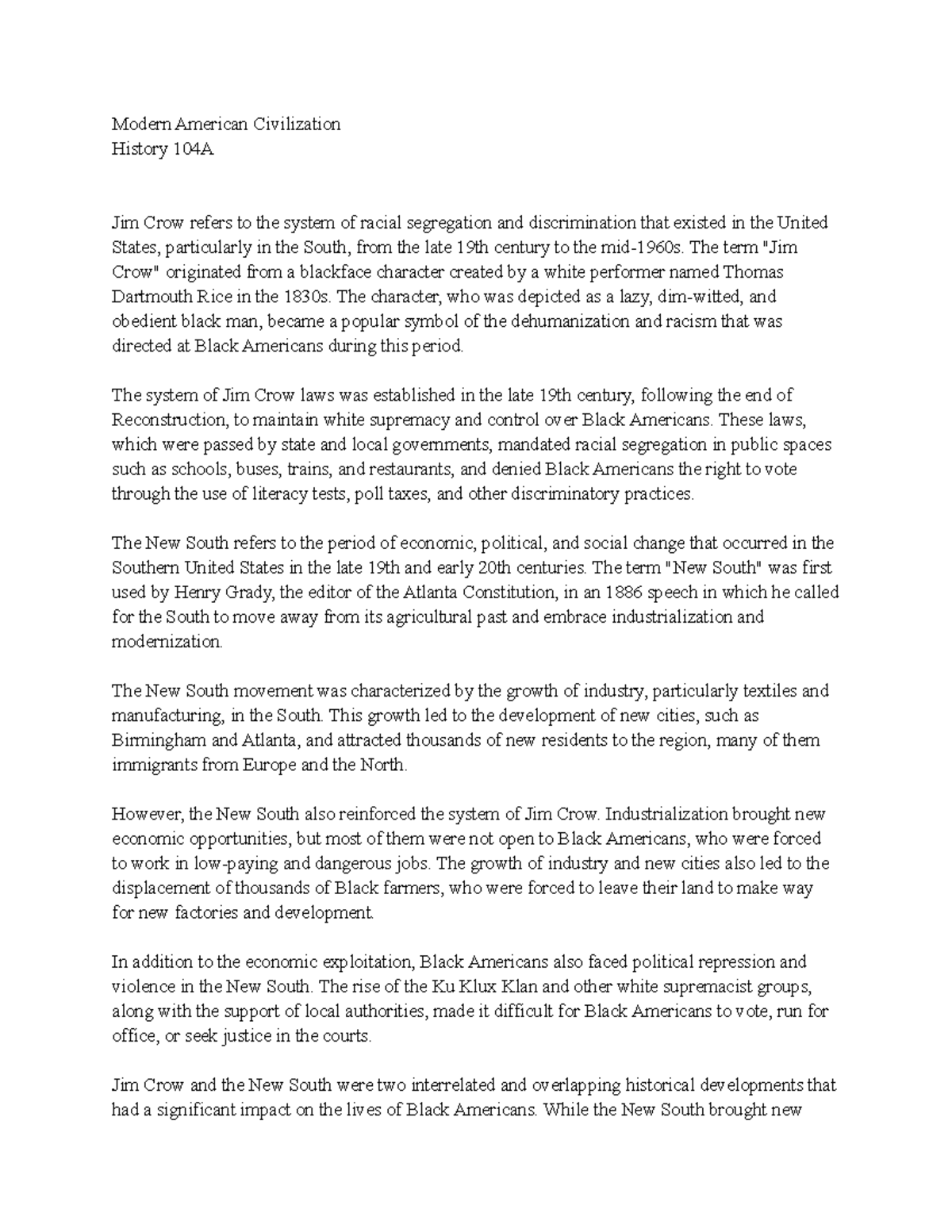 Jim crow and new south notes - Modern American Civilization History ...