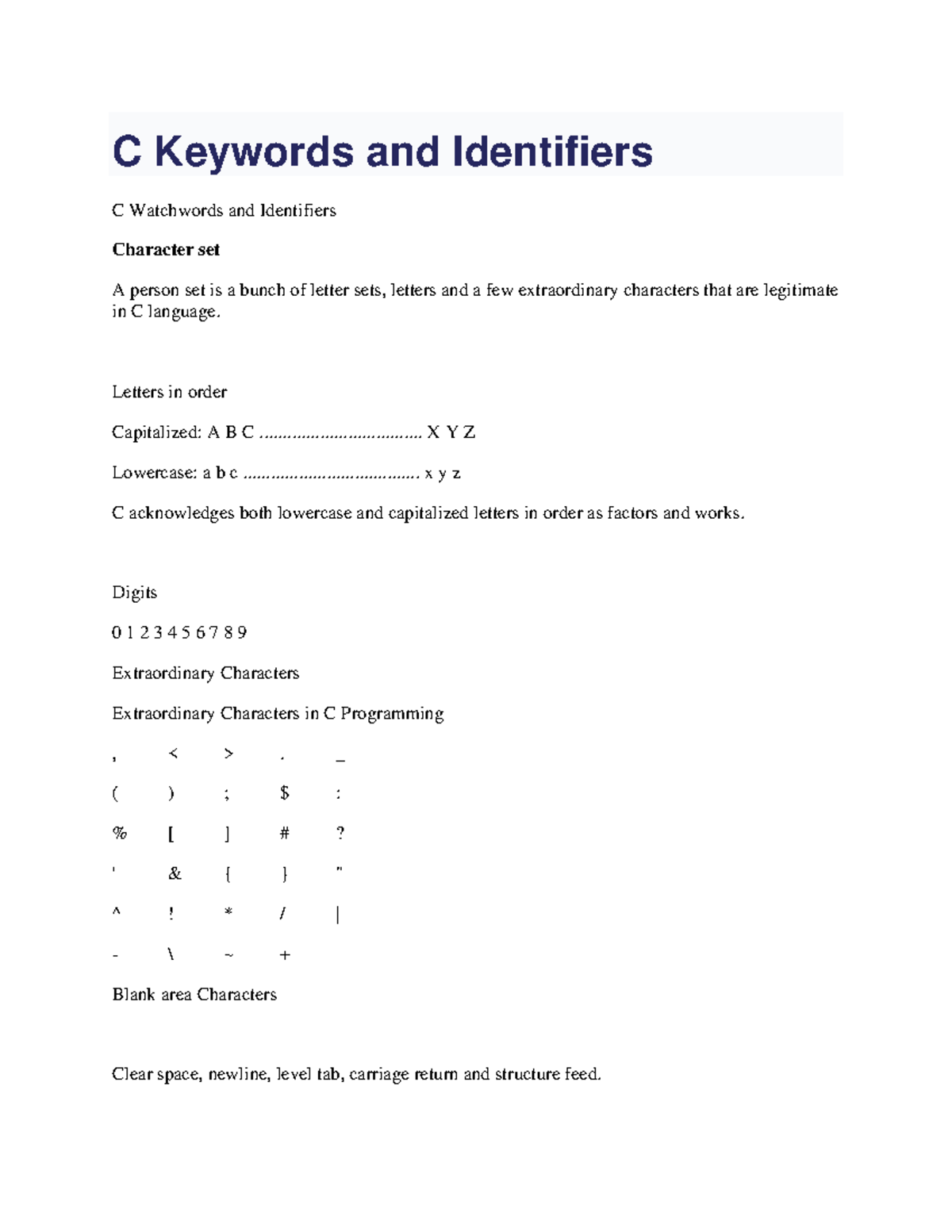 C Keywords and Identifiers - Letters in order Capitalized: A B C ...