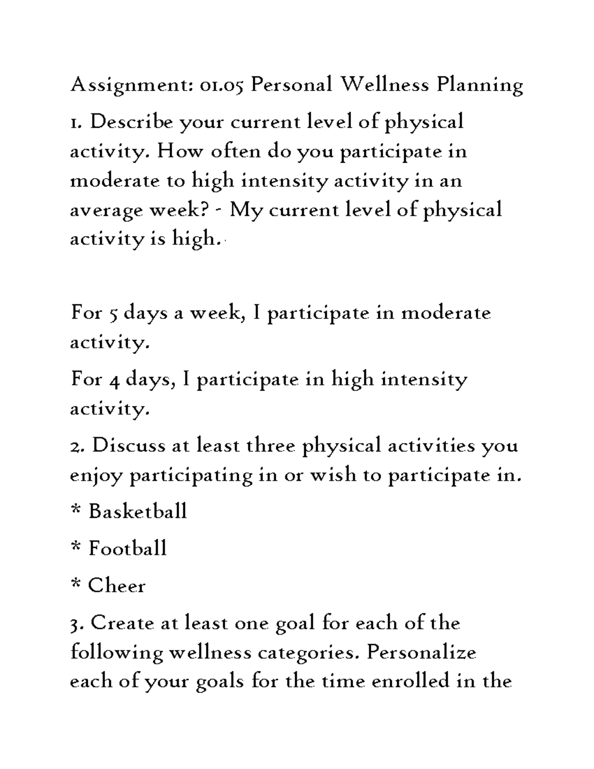 Document 1 FLVS - Assignment: 01 Personal Wellness Planning Describe ...