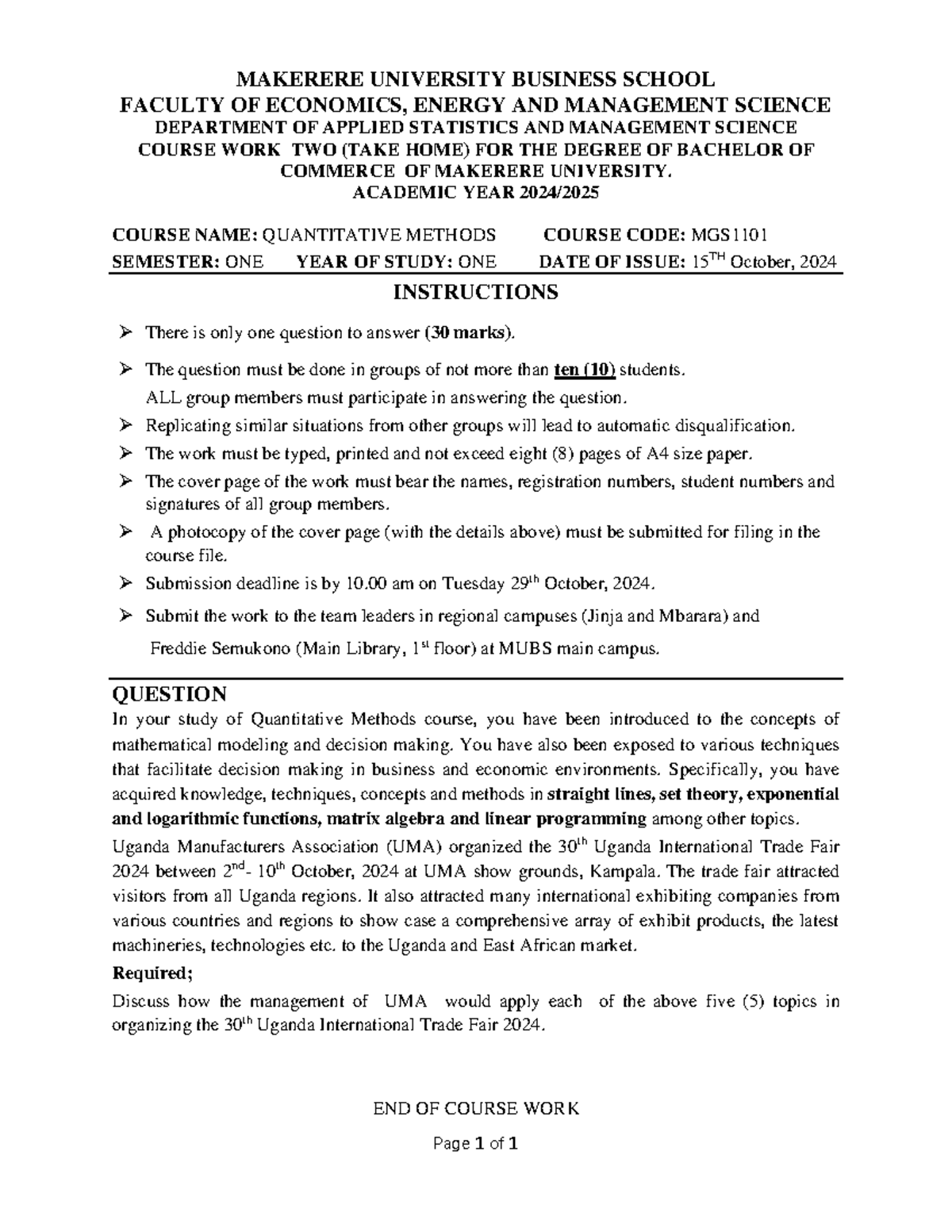 QM BCOM Assnt 2024 - only need practice questions - Page 1 of 1 MAKERERE UNIVERSITY BUSINESS ...