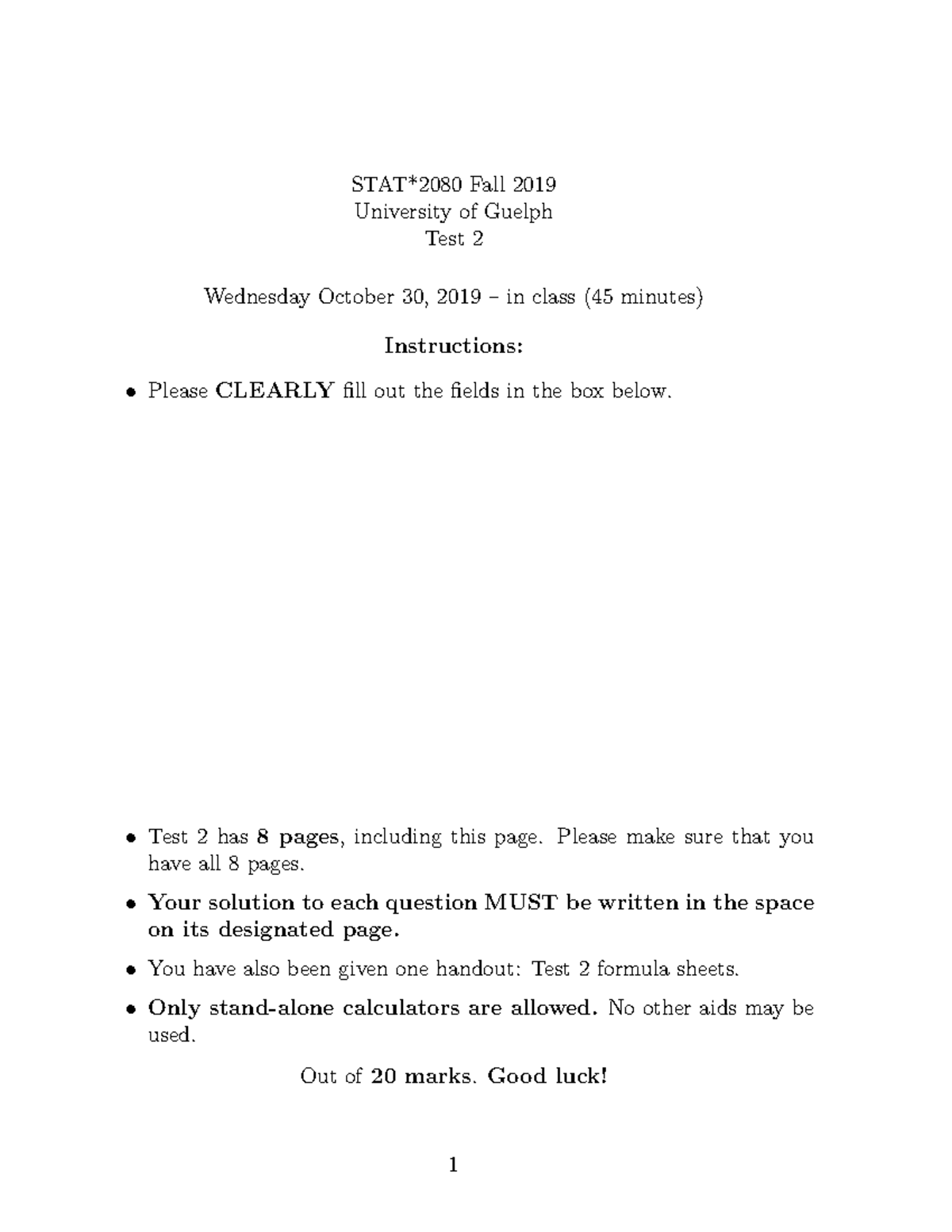 STAT2080 F19 Test 2 - practice questions - STAT*2080 Fall 2019 ...