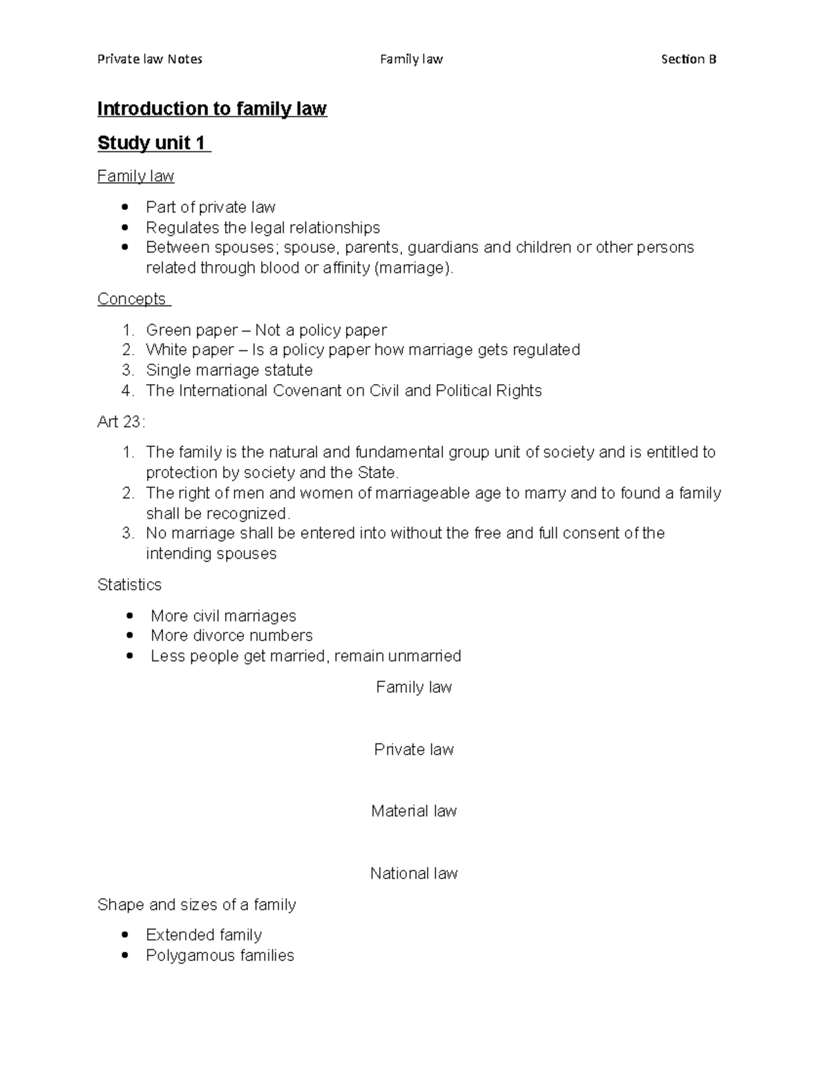 Private law summaries Study Unit 1 till 3 - Introduction to family law ...