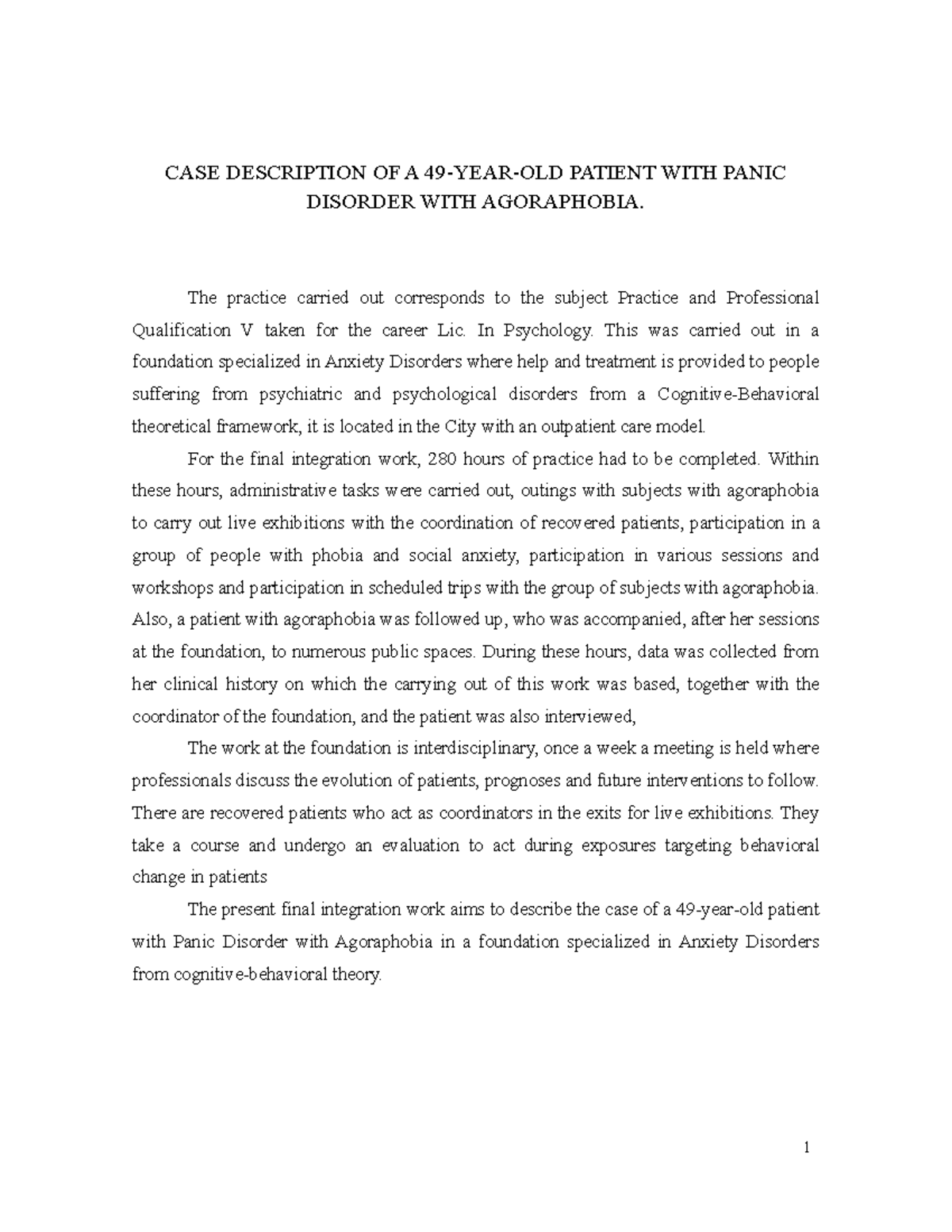 CASE Description OF A 49-YEAR-OLD Patient WITH Panic Disorder WITH ...