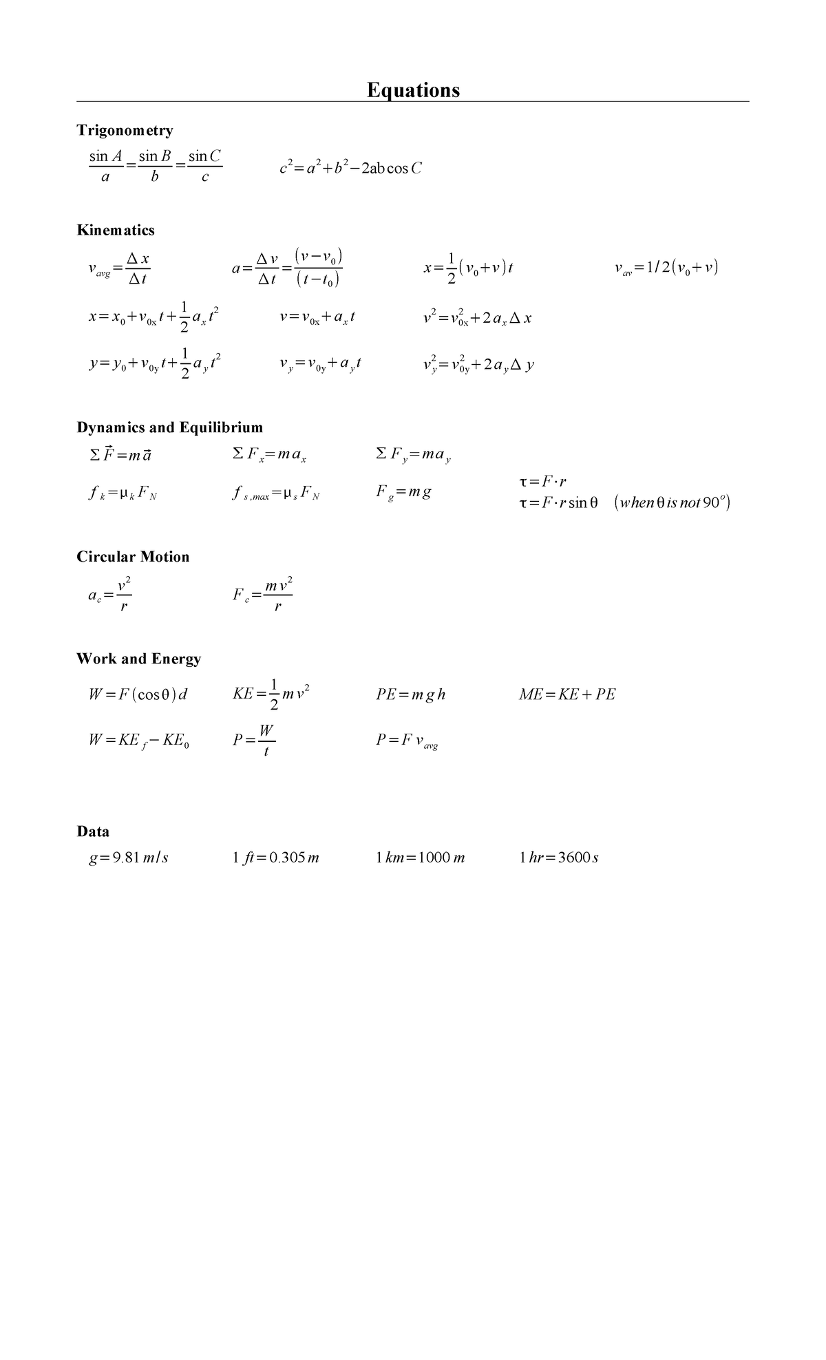 Final Exam Formula Sheet Equations Trigonometry Sin A Sin B Sin C