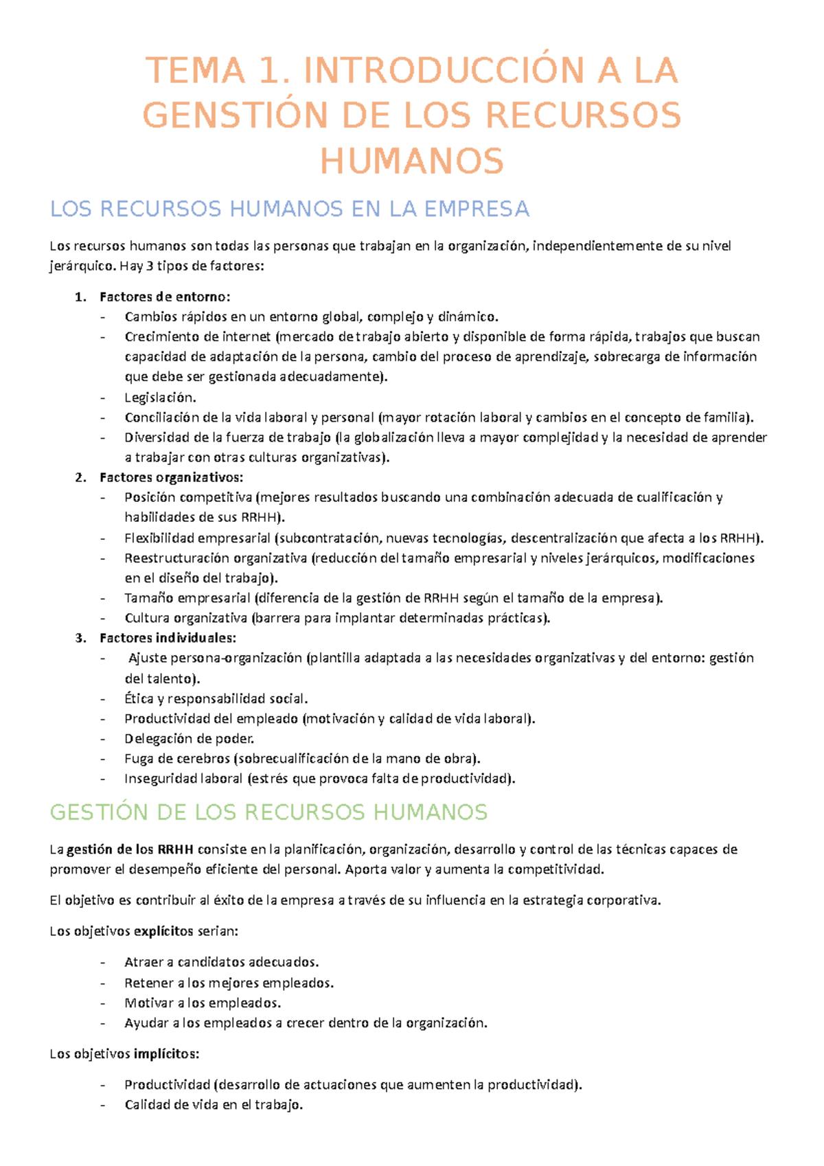 TEMA 1 - Resumen del tema 1 de recursos humanos, Universidad Rey Juan Carlos - TEMA 1 ...