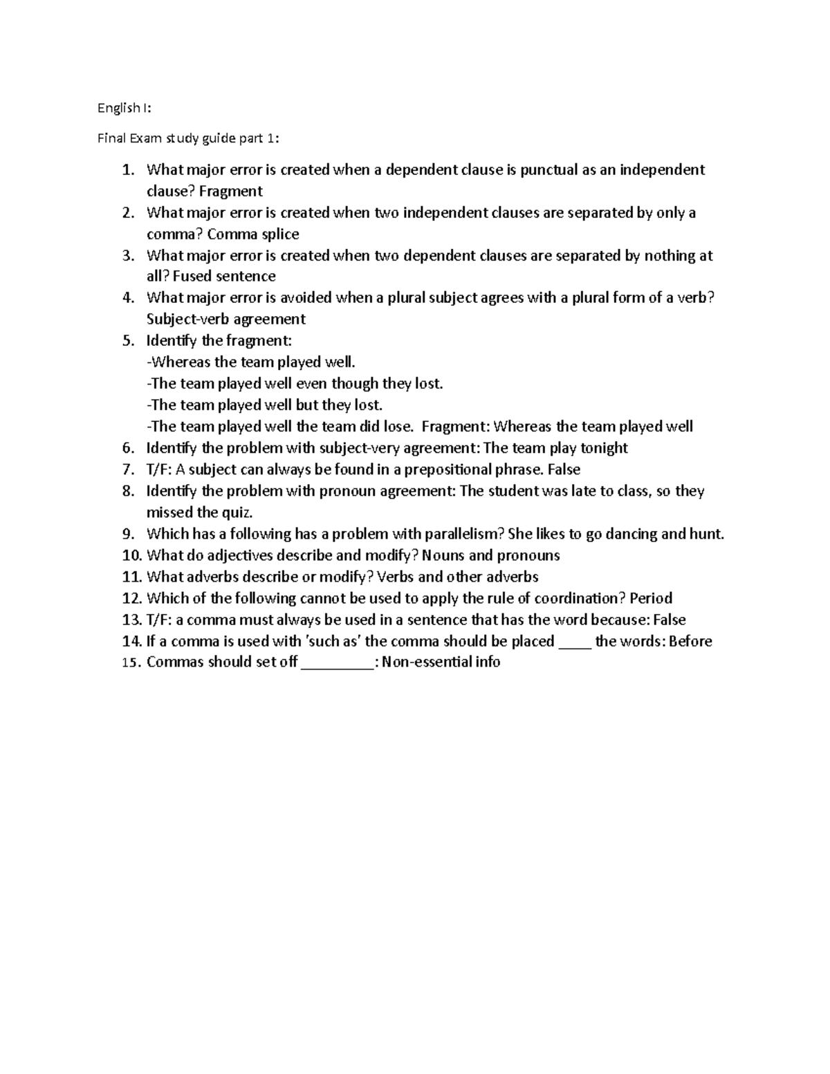 English I final exam study guide part 1 - English I: Final Exam study ...