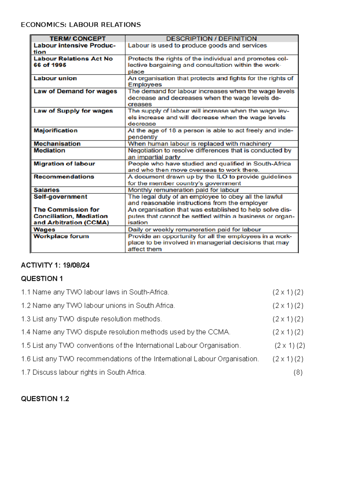Labour Relations Activitites Economics - ECONOMICS: LABOUR RELATIONS ...