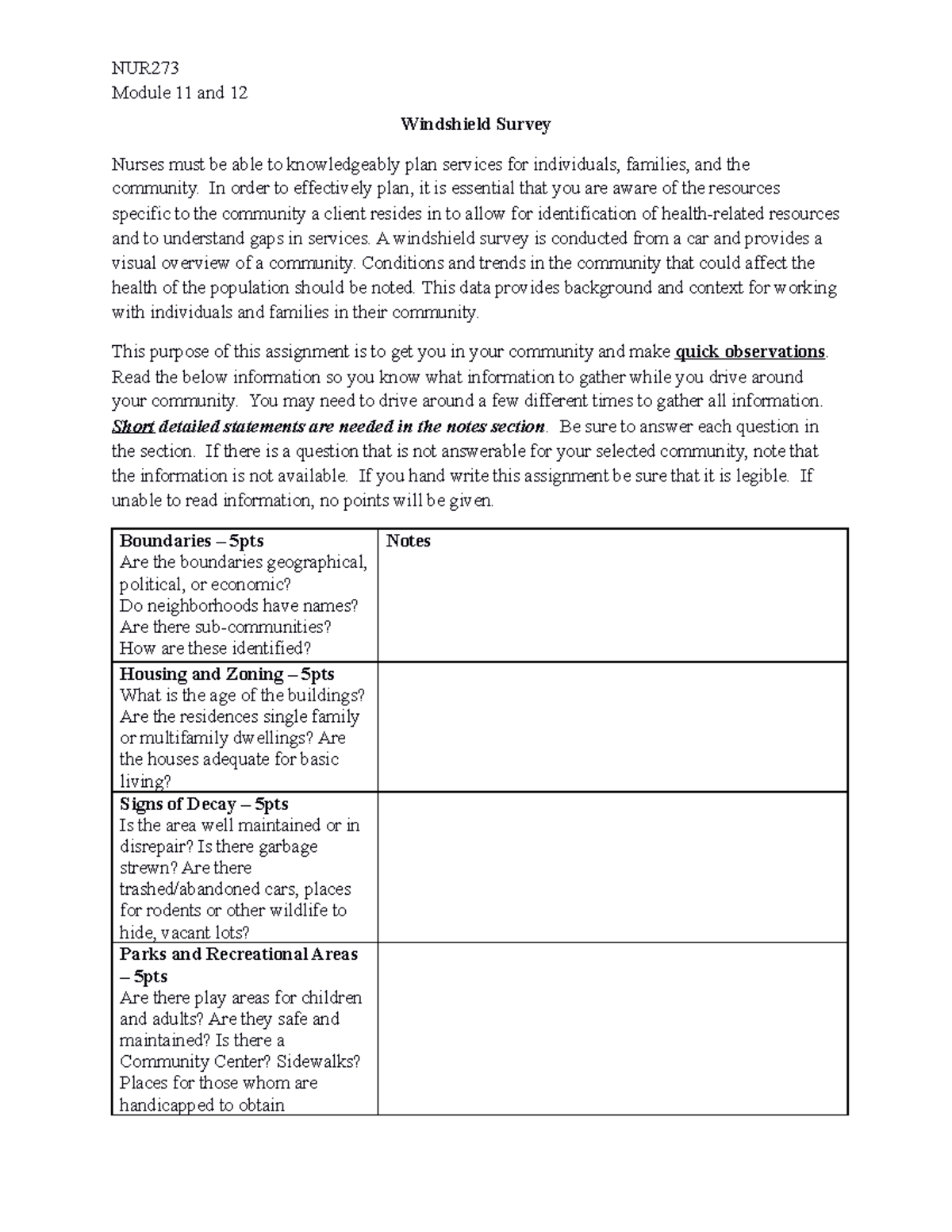 NUR273 Windshield Survey-1 - NUR Module 11 and 12 Windshield Survey ...