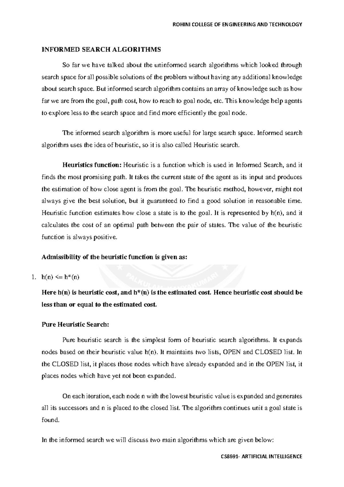 Ainotes - INFORMED SEARCH ALGORITHMS So far we have talked about the ...