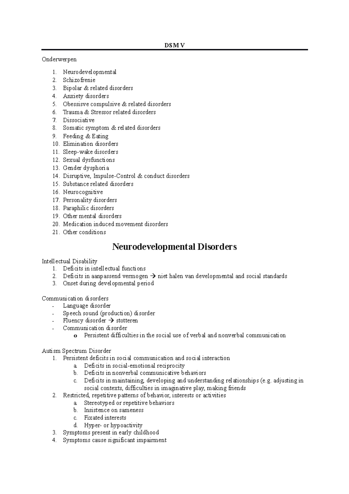 main symptoms DSM - DSM V Onderwerpen 1. Neurodevelopmental 2 ...