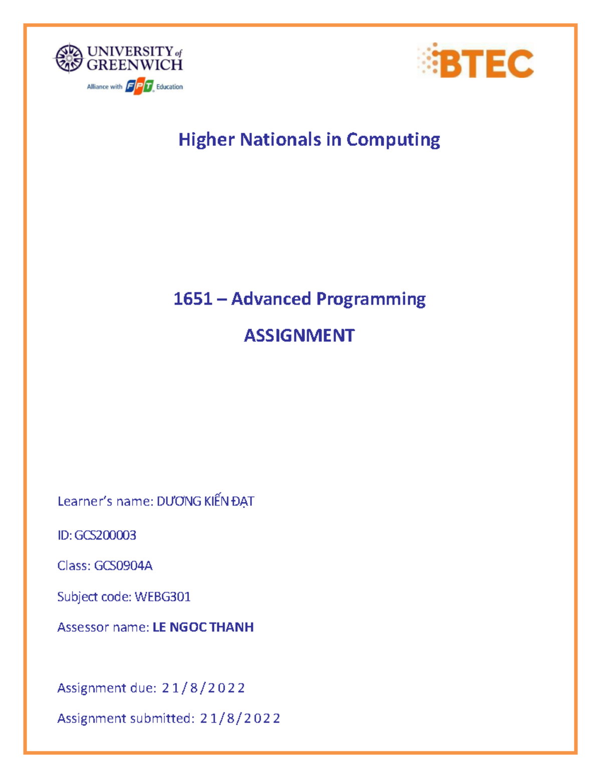 1651 GCS2000 03 Dương KiếnĐạt Assignment 1 - Higher Nationals in Computing 1651 – Advanced - Studocu