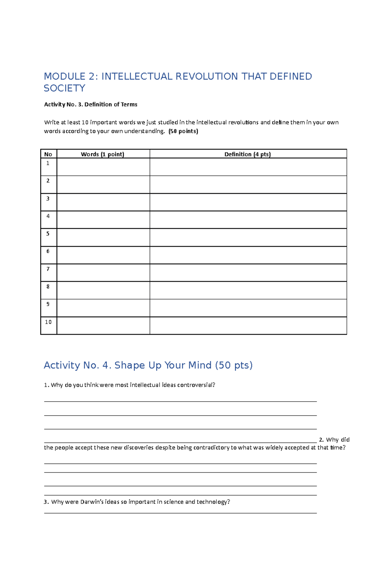 Workbook IN STS. Module 2 - MODULE 2: INTELLECTUAL REVOLUTION THAT ...