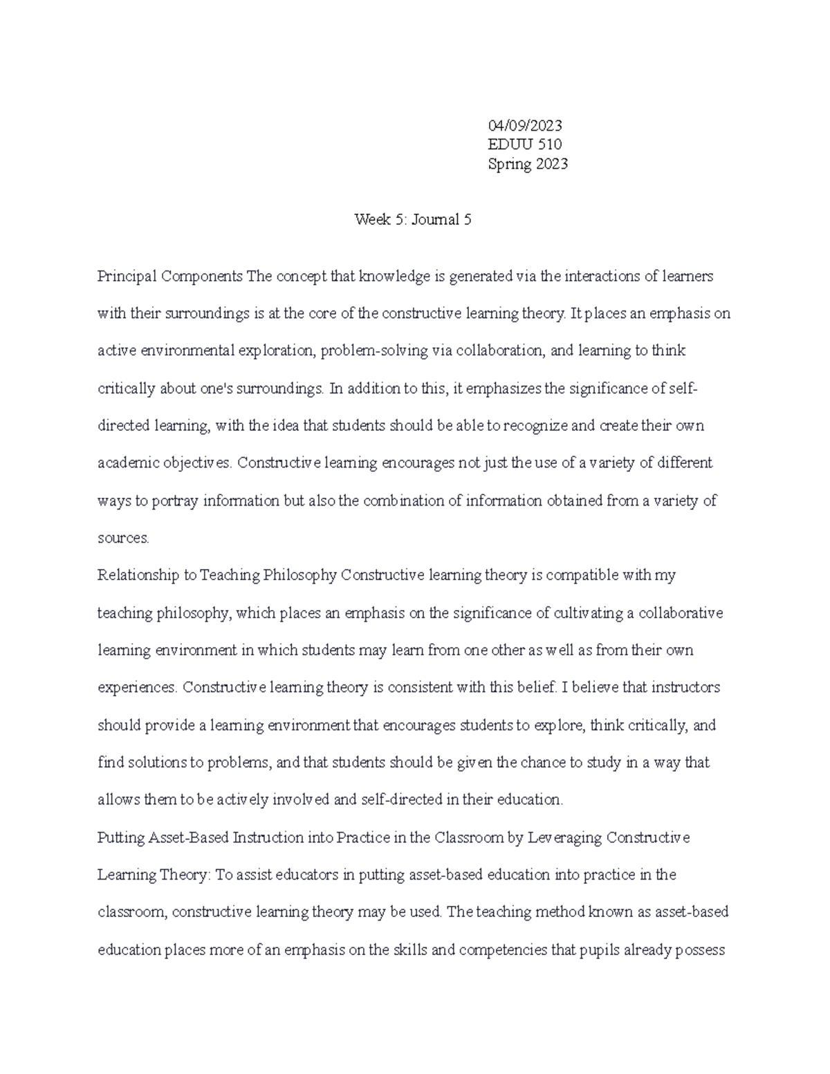 Week 5 Journal - assignment - 04/09/2023EDUU 510 Spring 2023 Week 5 ...