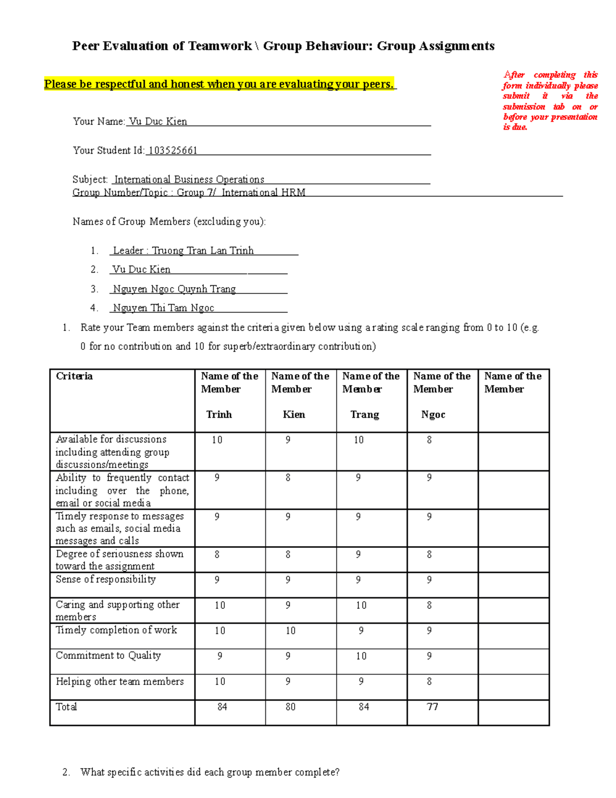 Peer Rating of Team Work-Group assignment - Peer Evaluation of Teamwork ...