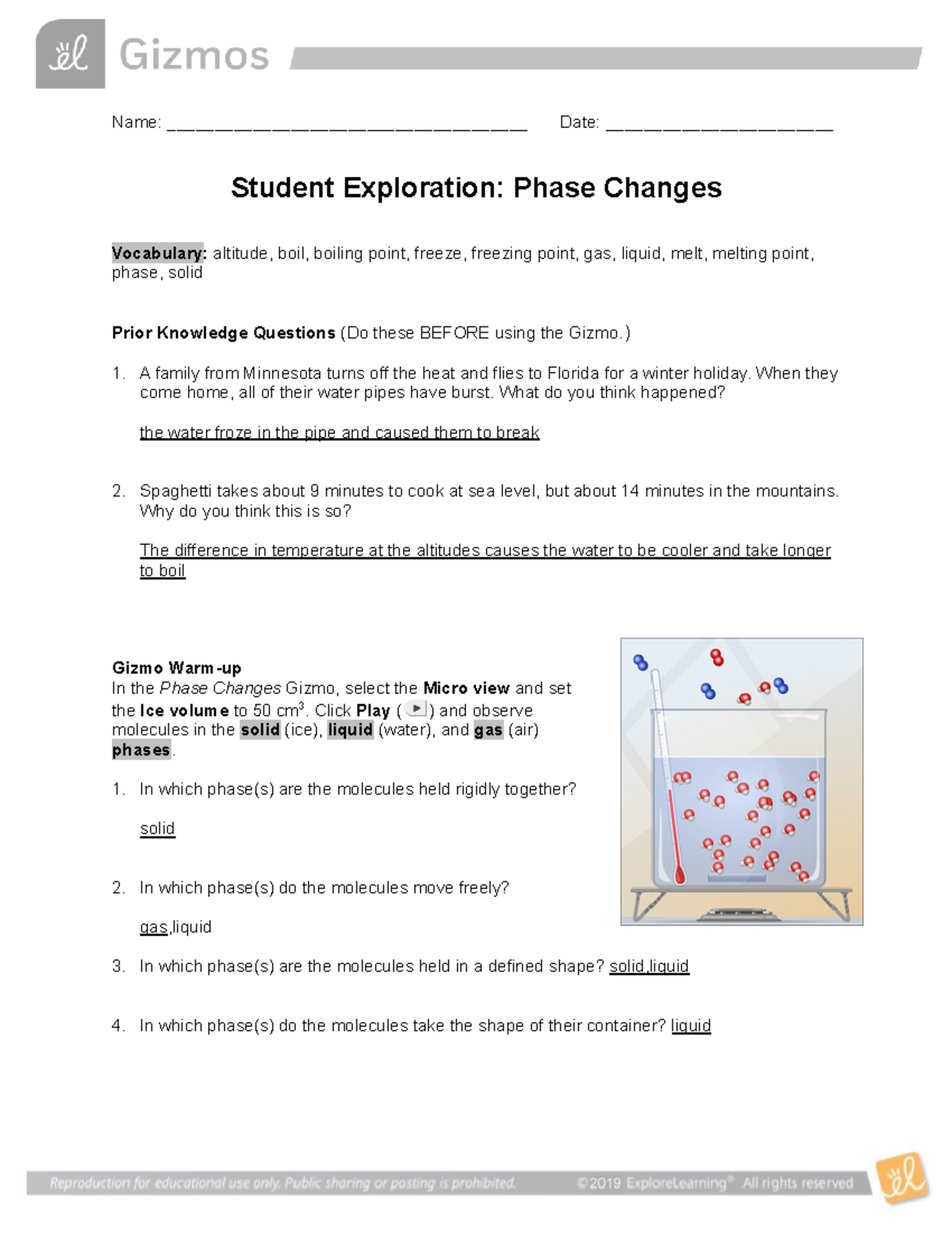 Phase Changes SE - Name: ______________________________________ Date