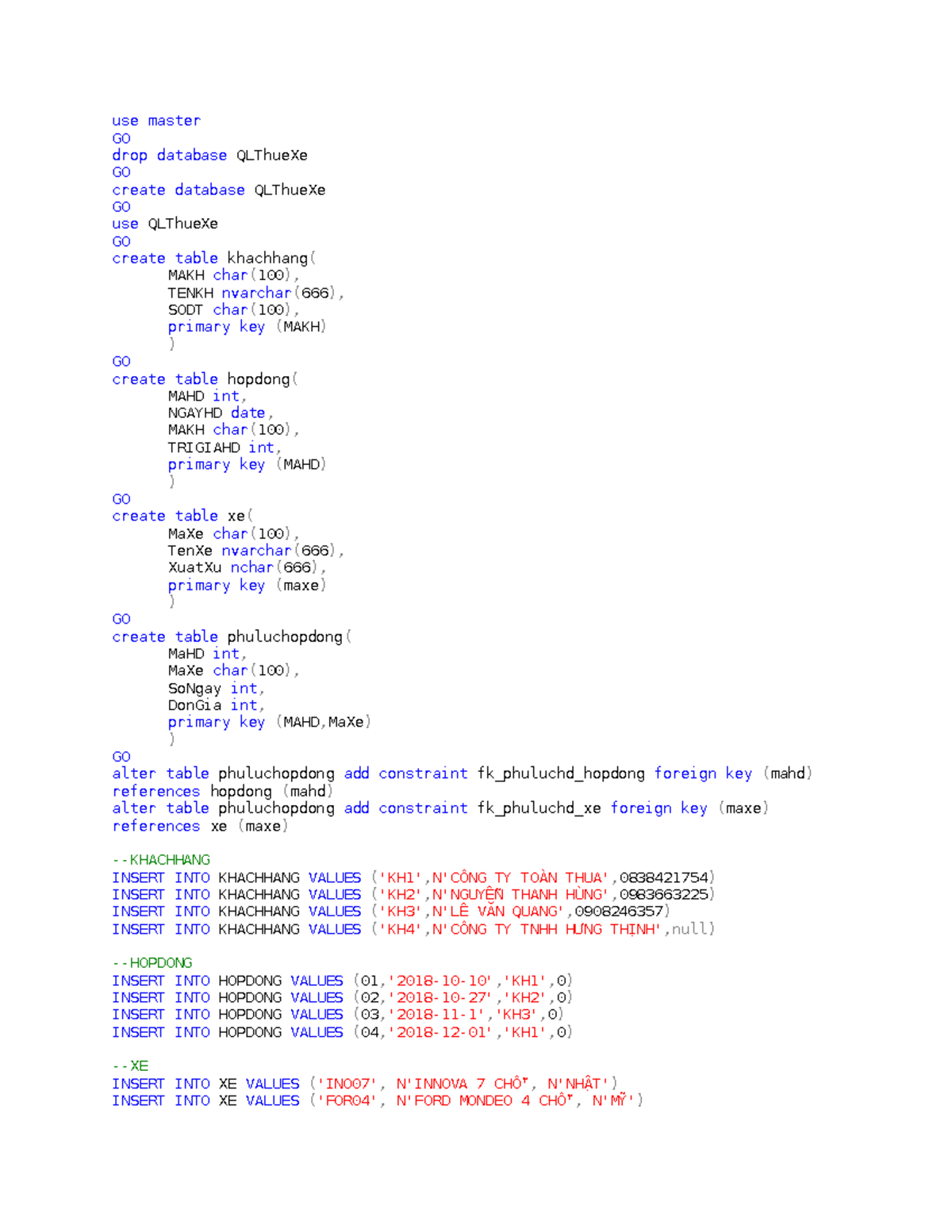Dlquanlyxe - AF AFS SDAX X C - use master GO drop database QLThueXe GO create database QLThueXe ...