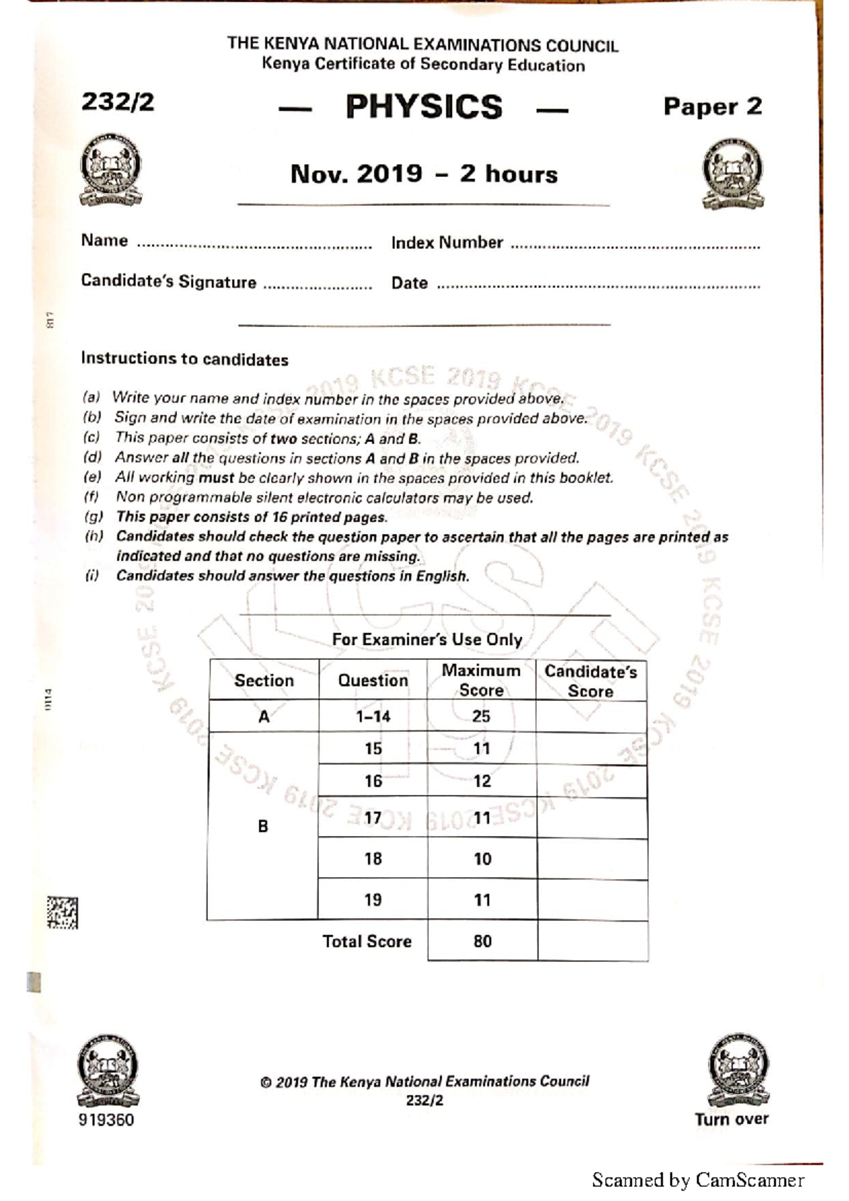 Physics P2 KCSE 2019 min - THE KENYA NATIONAL EXAMINATIONS COUNCIL ...