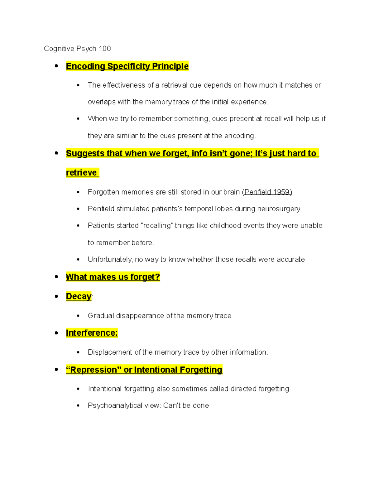 PSC 100 DAY 27 - Encoding - Cognitive Psych 100 Encoding Specificity ...