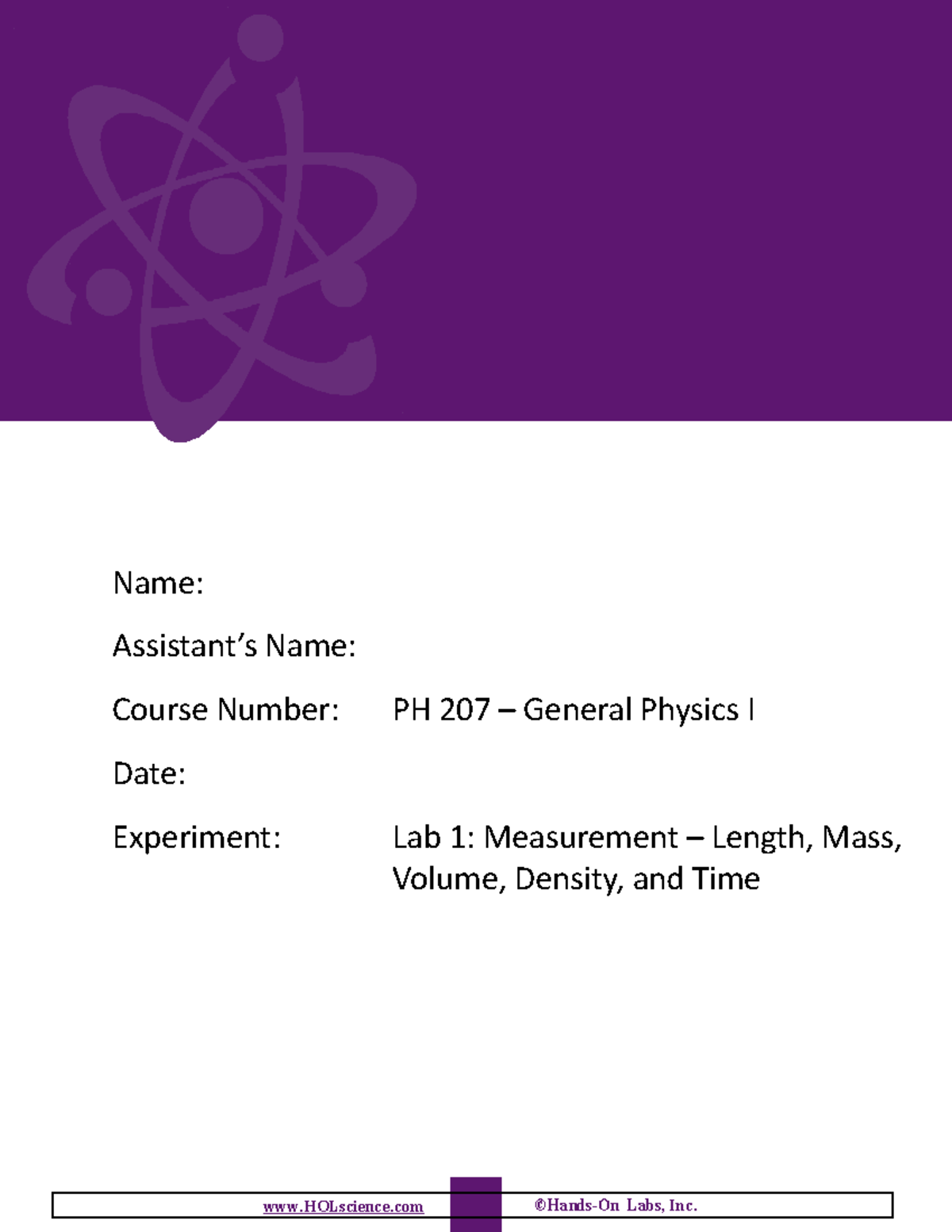 Lab 1 - Measurement - Length Mass Volume Density Time - Name: Assistant ...