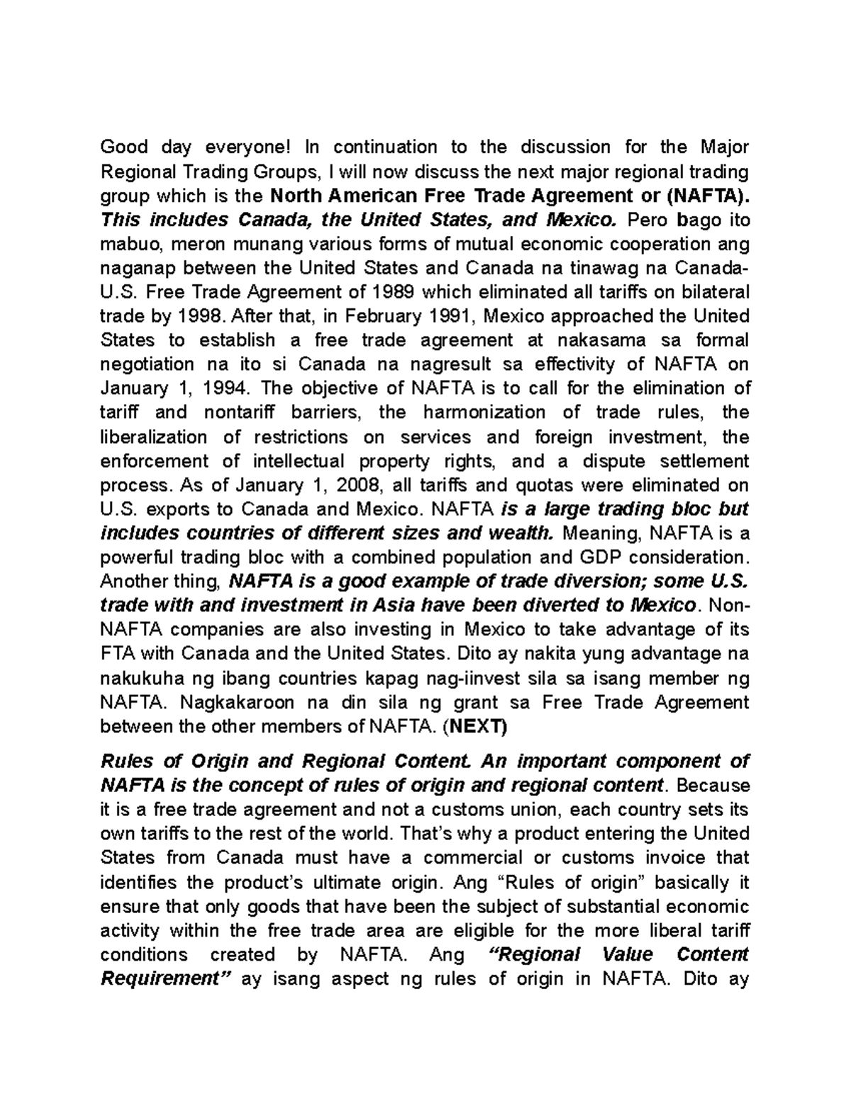 Economic integration report script - Good day everyone! In continuation ...