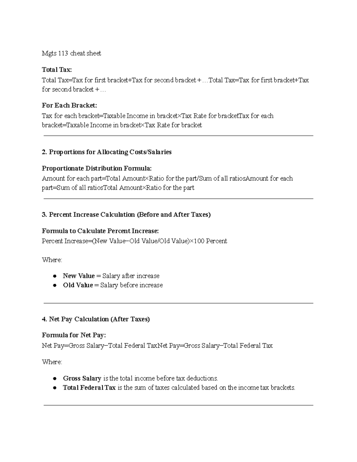 MGTS 113 Cheat Sheet - Mgts 113 cheat sheet Total Tax: Total Tax=Tax ...
