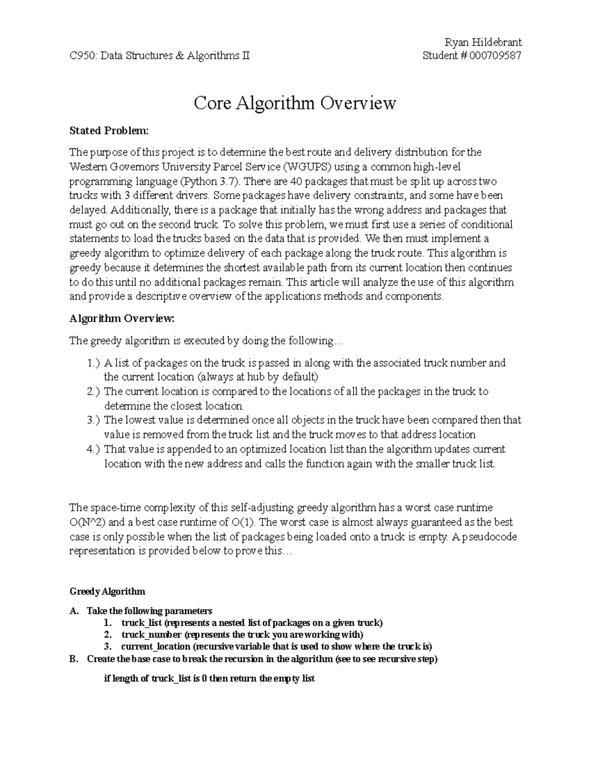 Core Algorithm Overview - C950: Data Structures & Algorithms II Student ...