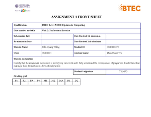 Assignment 1 Professional Practice - ASSIGNMENT 1 FRONT SHEET Qualification BTEC Level 5 HND ...