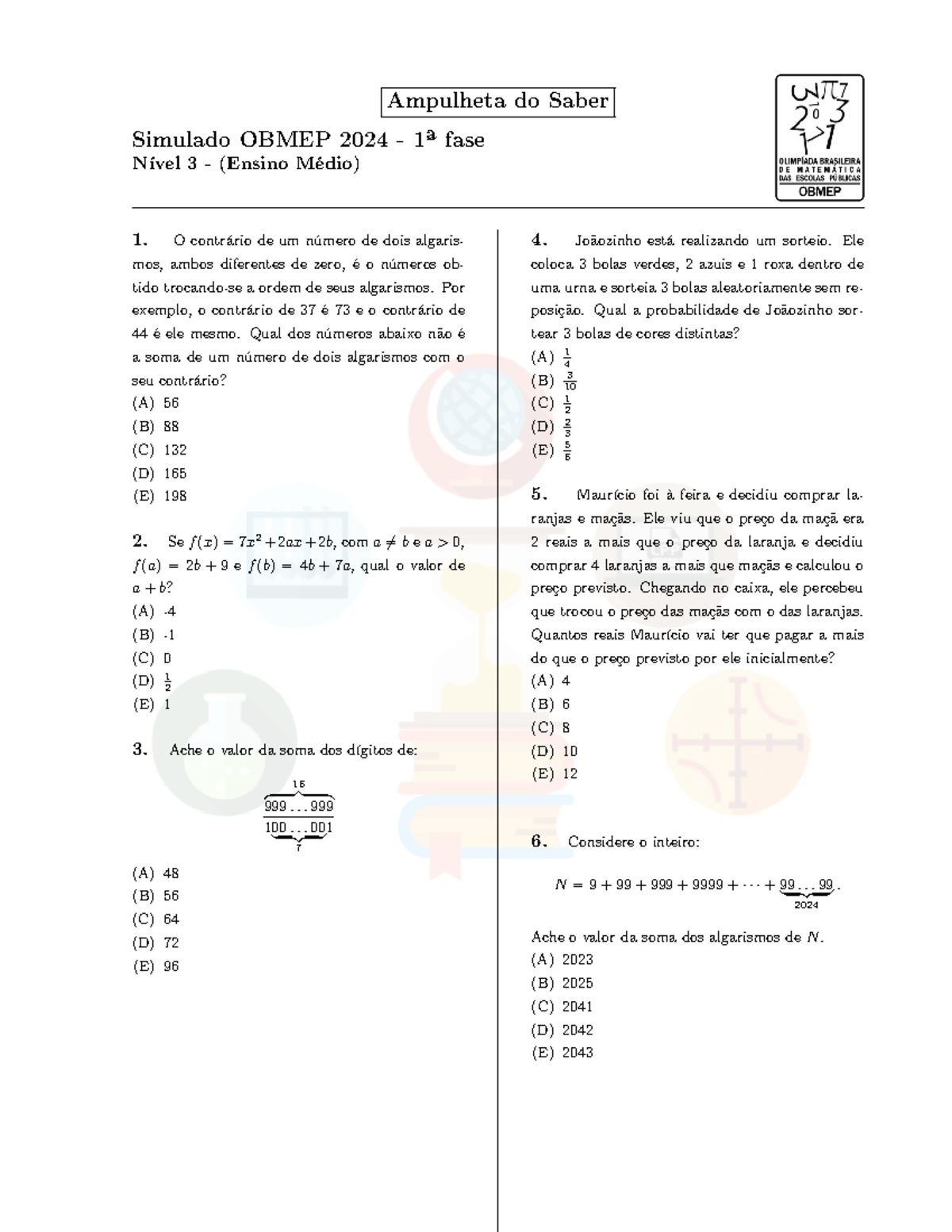 Simulado Obmep Nivel 3 - Simulado OBMEP 2024 - 1ª fase Nível 3 ...