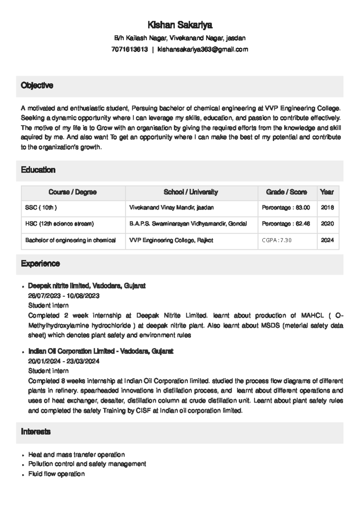 Kishan Resume - Kishan Sakariya B/h Kailash Nagar, Vivekanand Nagar, jasdan 7071613613 | - Studocu